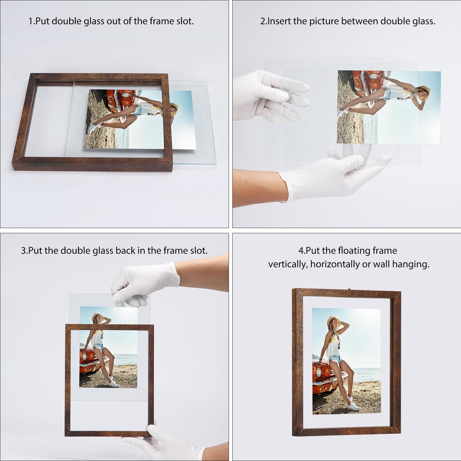 Trwcrt 5x7 Picture Frame Set of 4, Double Glass Floating Picture Frames Display up to 7 x 9 photos for Tabletop or Wall Hanging, Brown