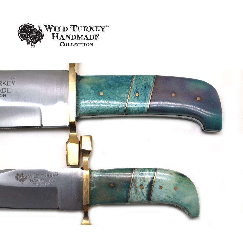 Wild Turkey Handmade Collection 2 Piece Collector Hunting Knife Set w/Leather Sheath Hunting Camping Fishing (Blue Bone)