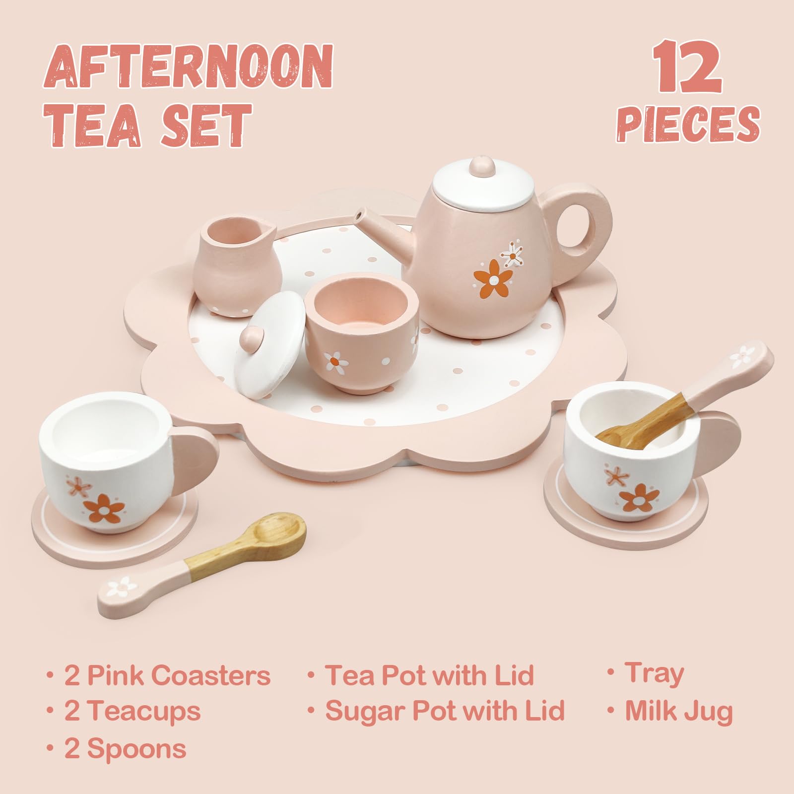 Wooden Afternoon Tea Set Toys for Toddlers Realistic Teapot Cups Carrying Tray Scoops Pretend Play Learning Role Play 12 pcs Pink Gift for Kids