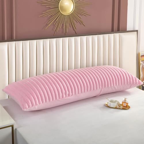 Yunyiio Faux Fur Body Pillowcase, Deluxe Plush Embellished Striped Pillowcase, Zipper Closed Pillowcase, Body Pillowcase 21x54 inch ((Pink) Vertical bar)