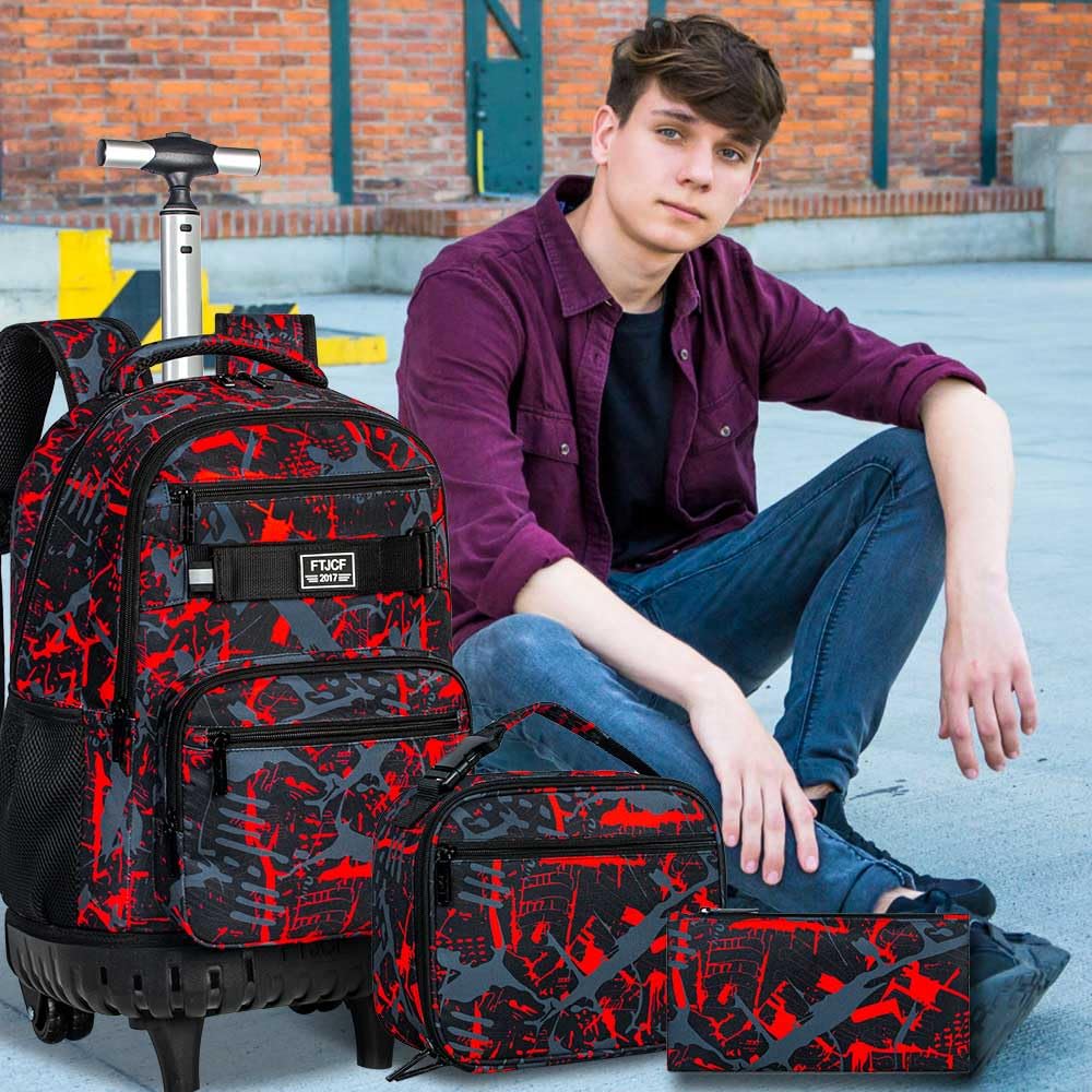 ZLYERT 3Pcs Rolling Backpack for Boys Men, Travel Roller Backpacks with Wheels for Adults, Teens College Graffiti Wheeled Bookbag with Lunch Box(Blue)