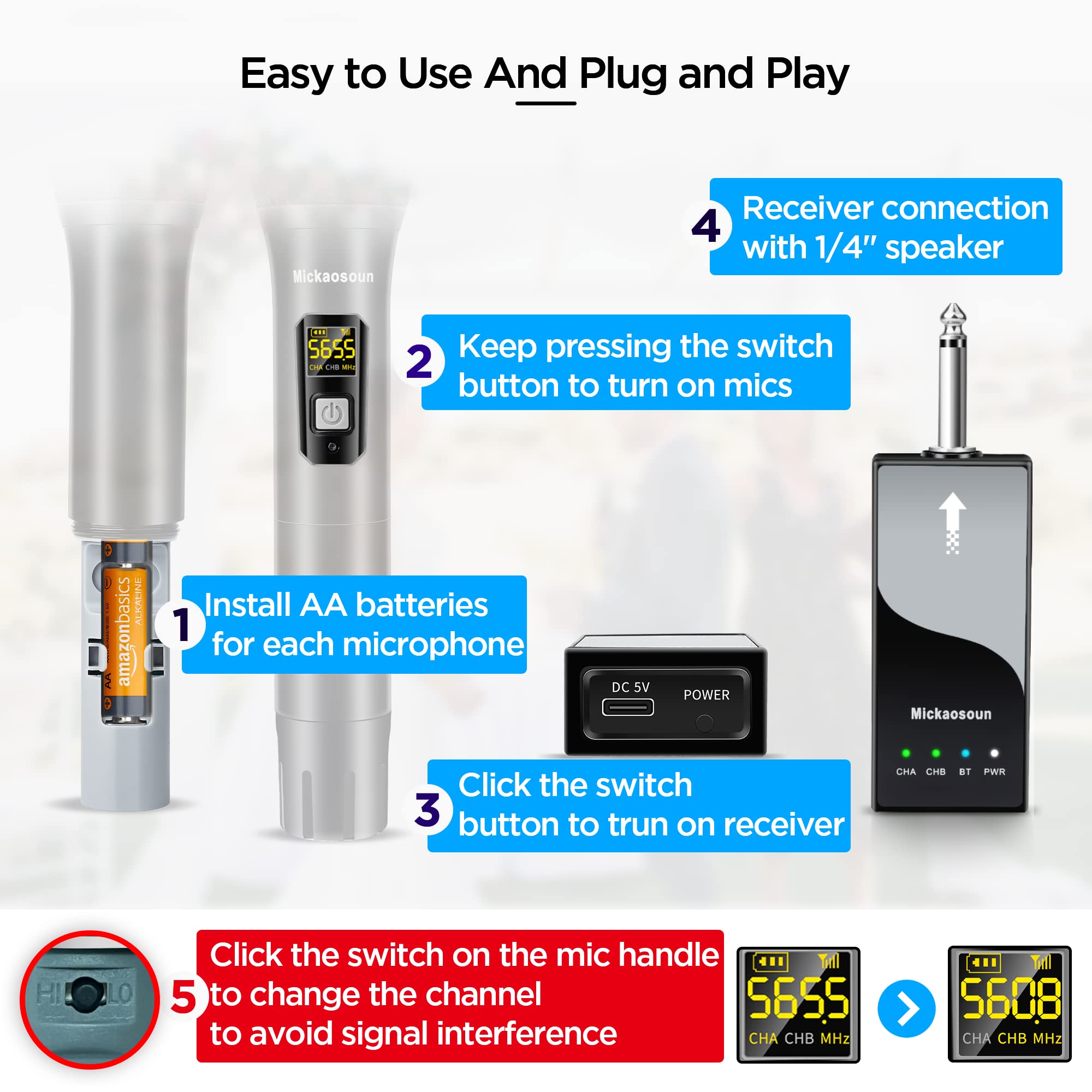 Wireless Microphone, UHF Dual Metal Handheld Cordless Dynamic Karaoke Mic System with 1/4'' Output Rechargeable Receiver, Plugd＆Play, for Karaoke, Party, Singing, Wedding, Church, Speech, DJ(260ft)