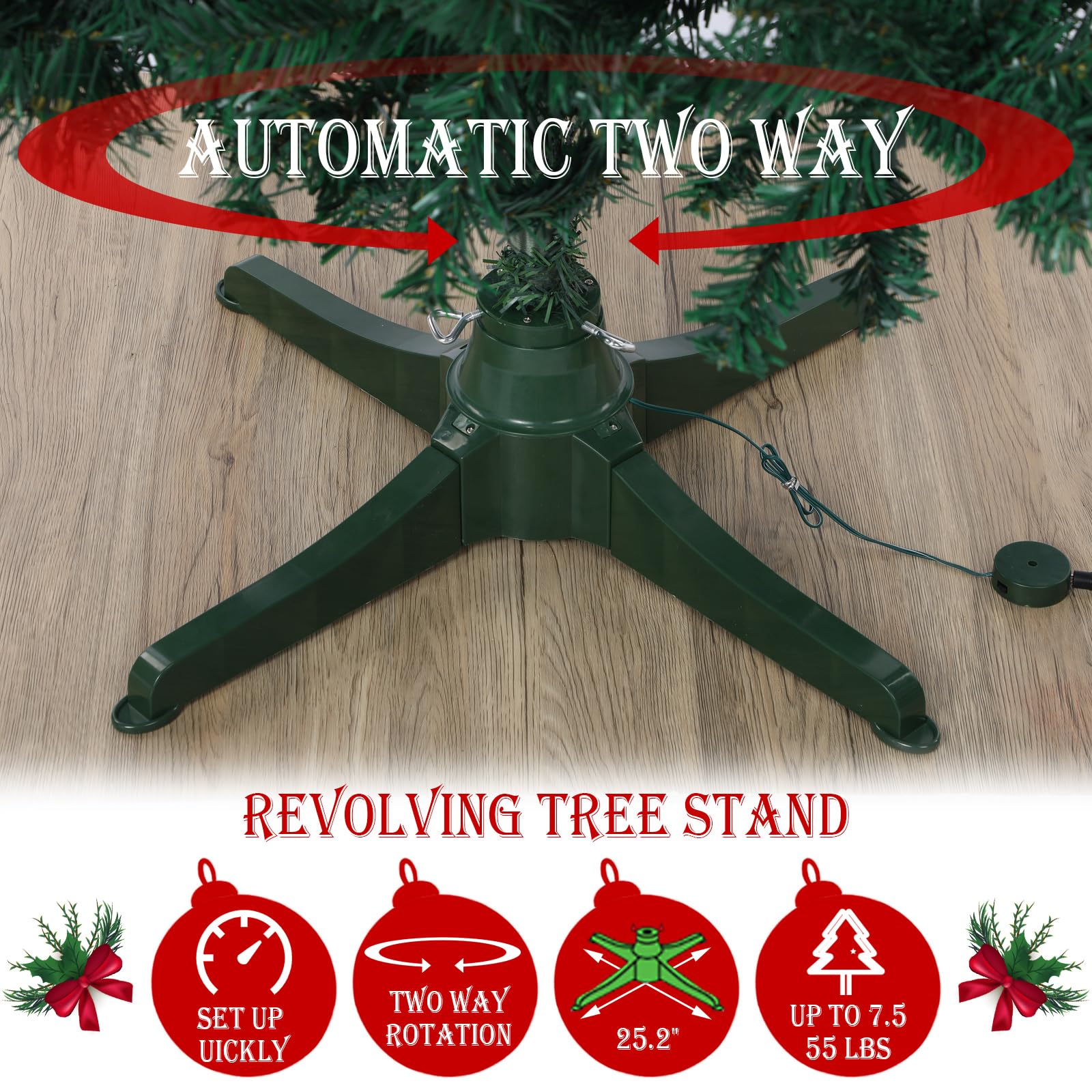 Xuhal 360 Degree Rotating Christmas Tree Stand Artificial Christmas Tree Stand Revolving Tree Spinner Stand Green Xmas Tree Base with Power Supply Adapter (25.98'', for Up to 7.5ft and 80 Pounds Tree)