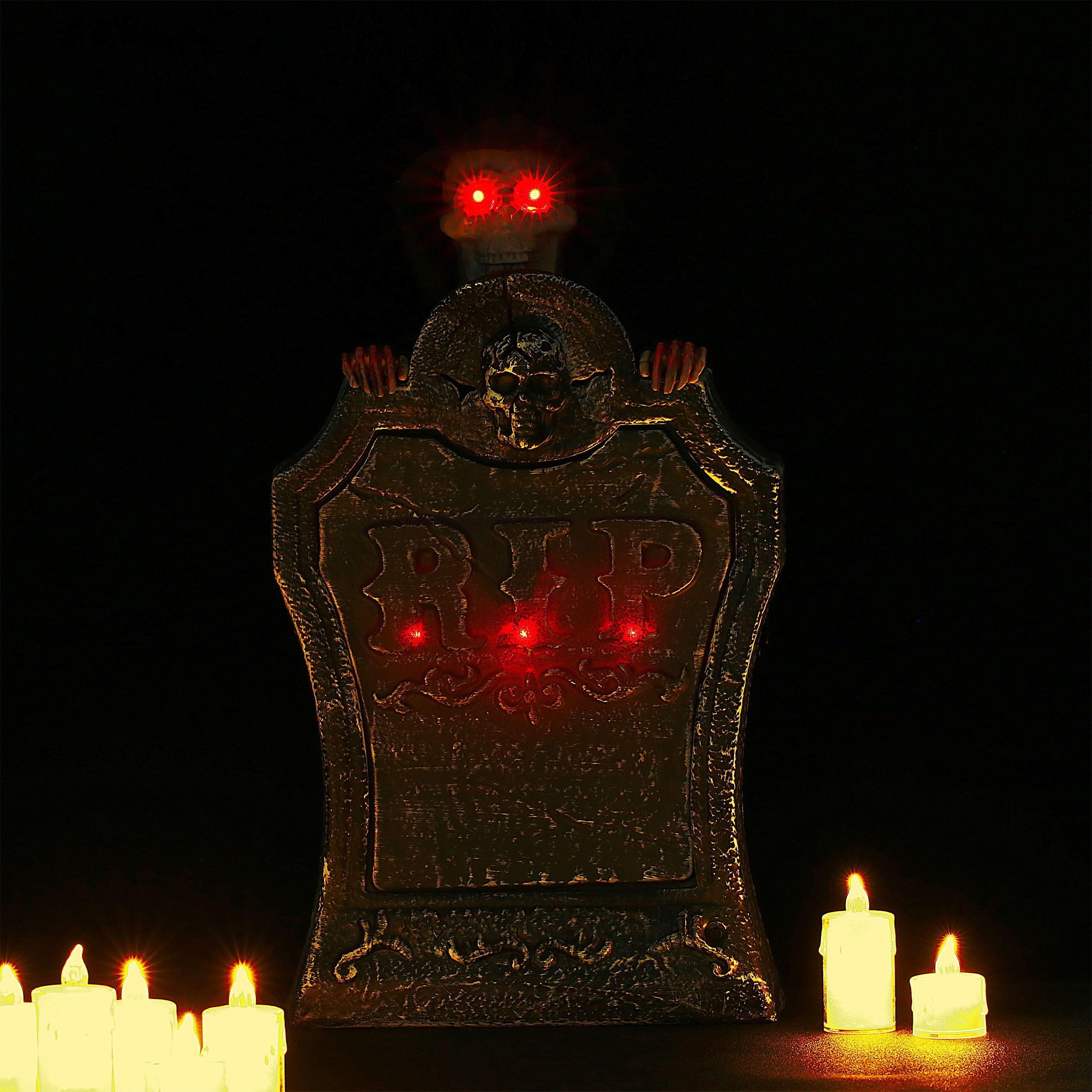 Spooky Sound-Activated Halloween Outdoor Decoration, Animated Tombstone with Lifting Ghost and Vocal Lights