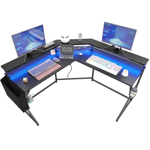 Wonder Comfort L Shaped 51 Inch Computer Desk with LED Lights,Corner Gaming Table Cup Holder Power Outlets/Monitor Stand for Home Office, Black