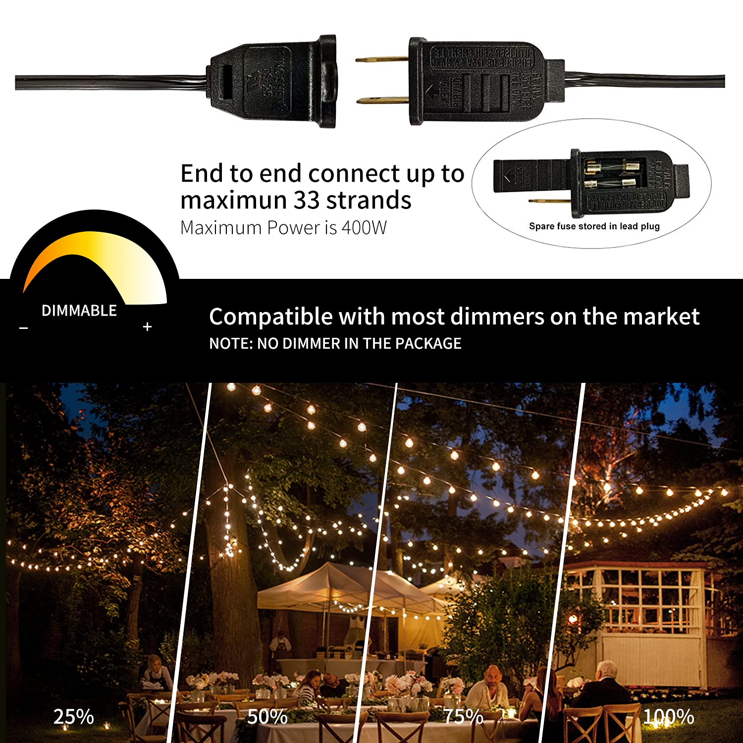 Yuusei LED String Lights Outdoor, 25Ft Dimmable Globe Patio Lights with 12+1 (Spare) 1W G40 PC Shatterproof Bulbs, Waterproof Connectable Light String for Backyard Porch Cafe, 2700K Warm White