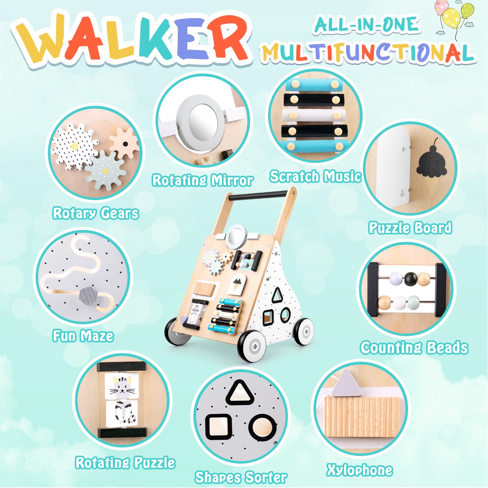 Wooden Baby Push Walker, Pull Learning Activity Walker Baby Walking Toy with Wheels Infant Walker Multiple Activities Center Toddler Walker for Boys and Girls