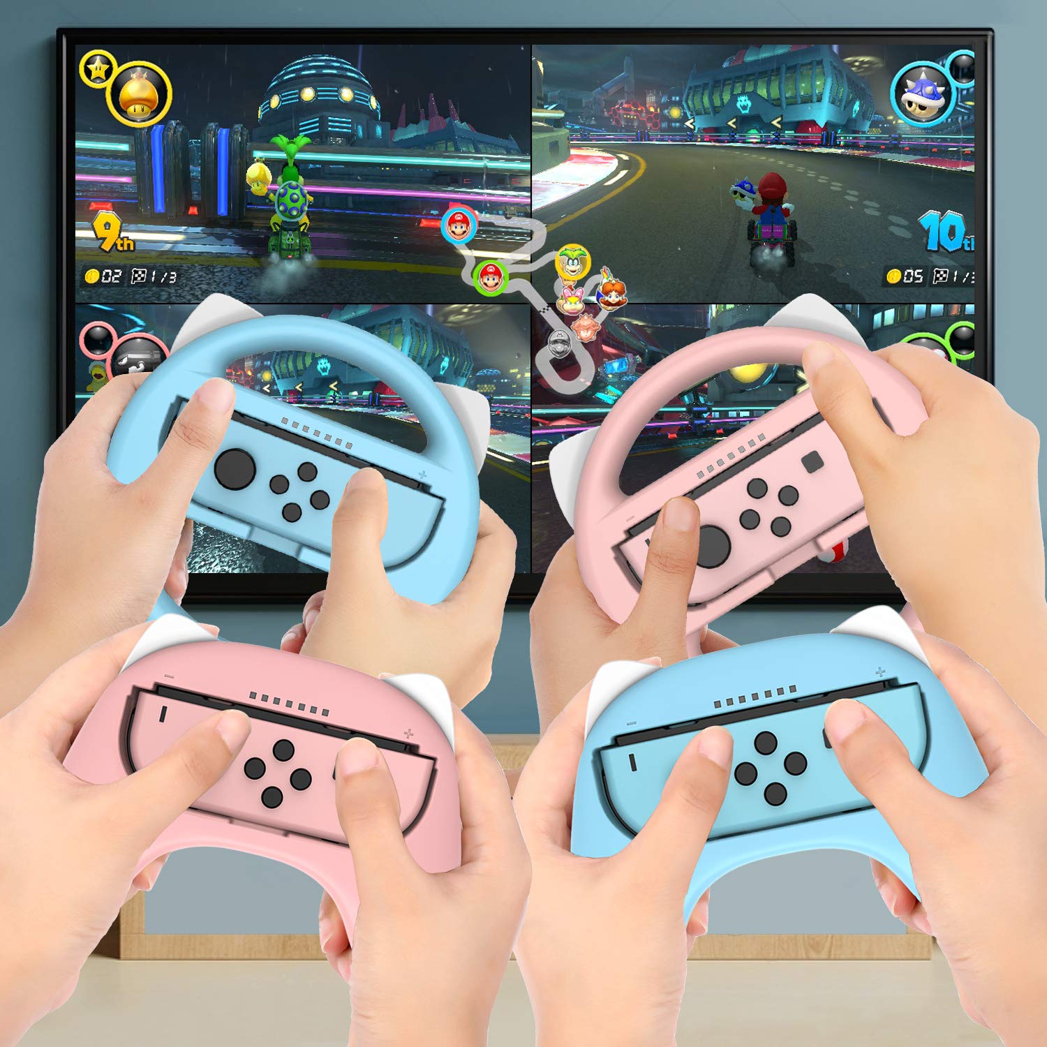 Switch Steering Wheel for Joycon Controller,Hand Grips for Switch Controllers, Comfort Racing Wheels 8 Deluxe Switch Accessories Cute Blue and Pink