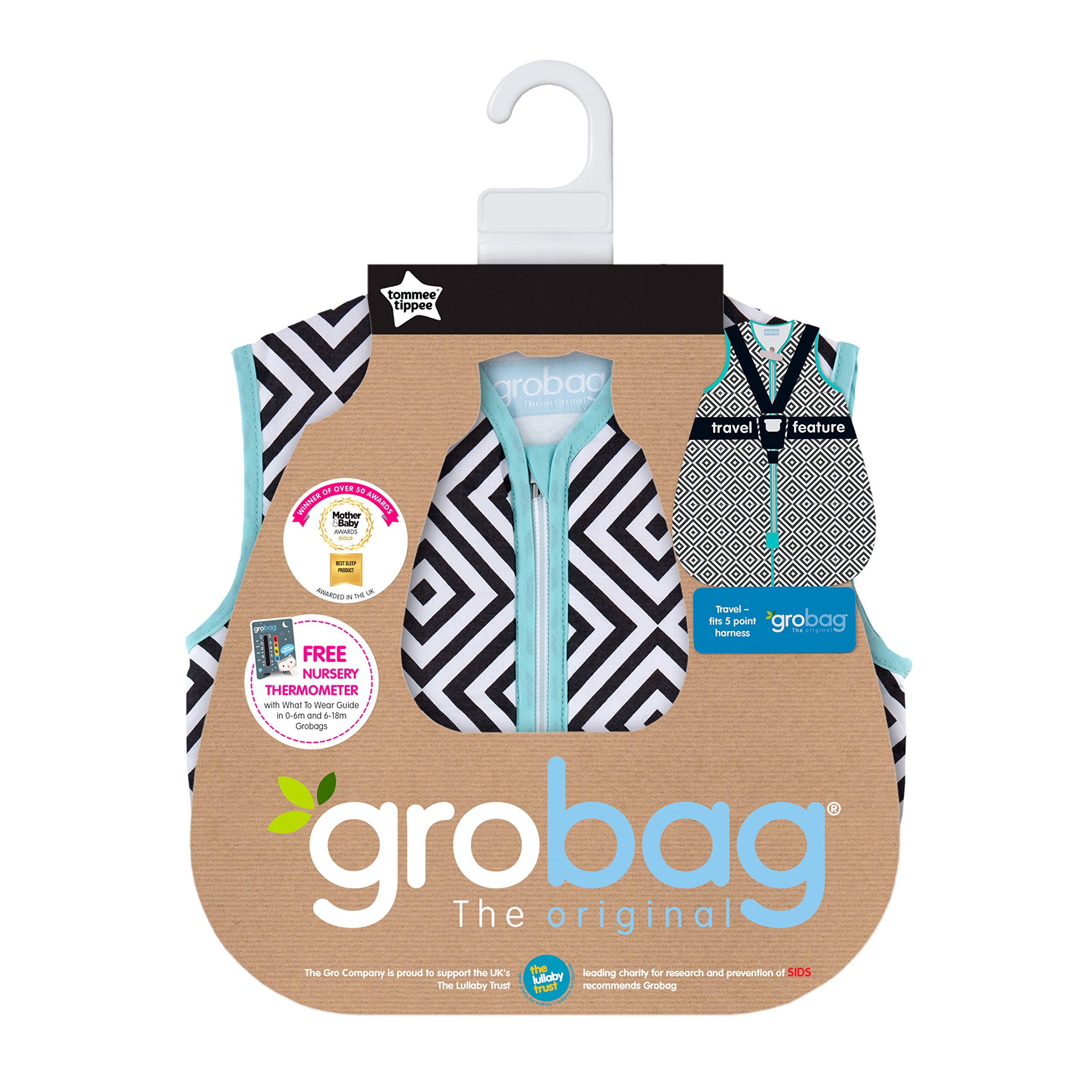 Tommee Tippee Travel Grobag Baby Cotton Sleeping Bag, Stroller Wrap, Sleeping Sack - 1.0 Tog for 69-74 Degree F - Jet Diamonds - Medium Size, 6-18 months, Black/White
