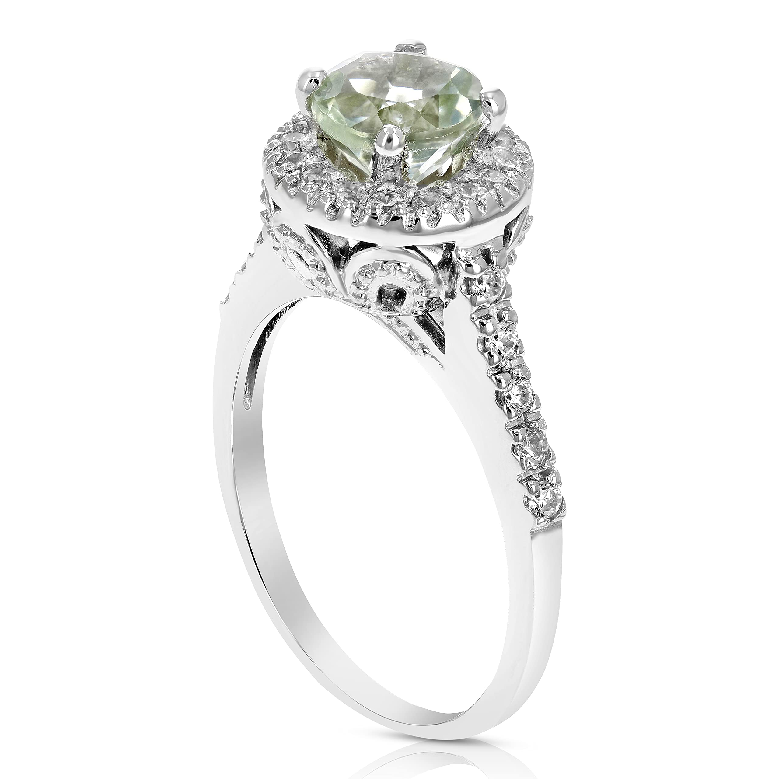 VIR JEWELS 0.65 cttw Green Amethyst Ring .925 Sterling Silver with Rhodium Halo Style 7 MM Size 8