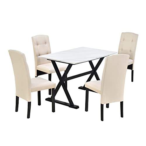 WOZNLA Solid Wood 5-Piece Dining, Kitchen Table Set with 4 Upholstered Chair, Faux Marble White+Beige, 45" x 30"