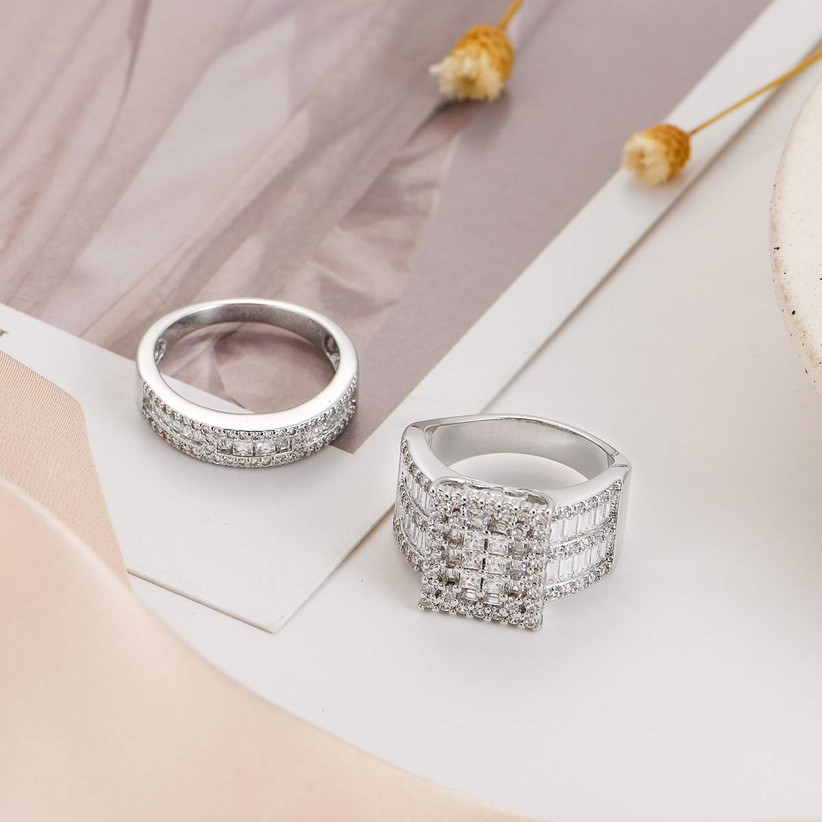 Square Statement Bridal Sets - Two Rings Cubic Zirconia CZ Cluster Engagement Promise Rings Set for Women (8)