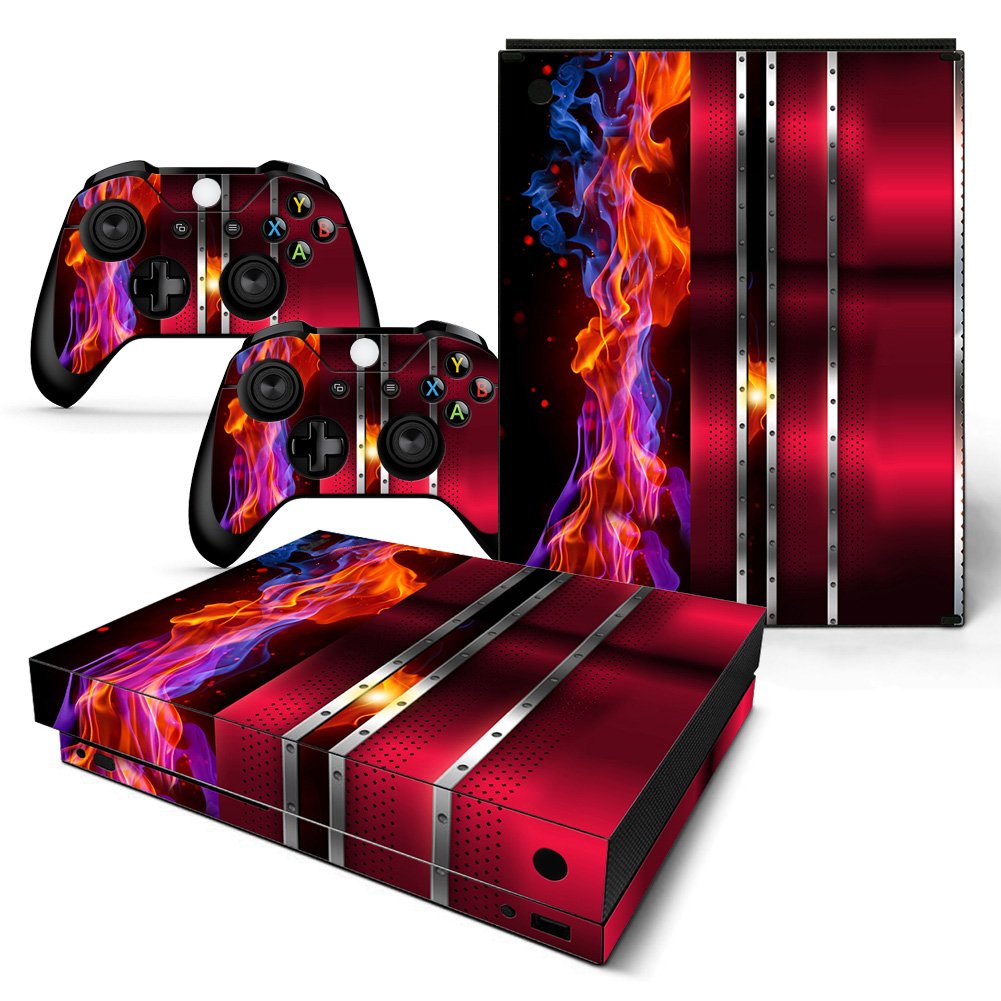 ZOOMHITSKINS Compatible for Xbox One X Skin, Xbox One X Controller Skin and Console Skin, Cherry Metal Fire Pink Fuschia Burning Silver, Durable & Fit, 3M Vinyl, Easy to Install, Precise Cut-Outs
