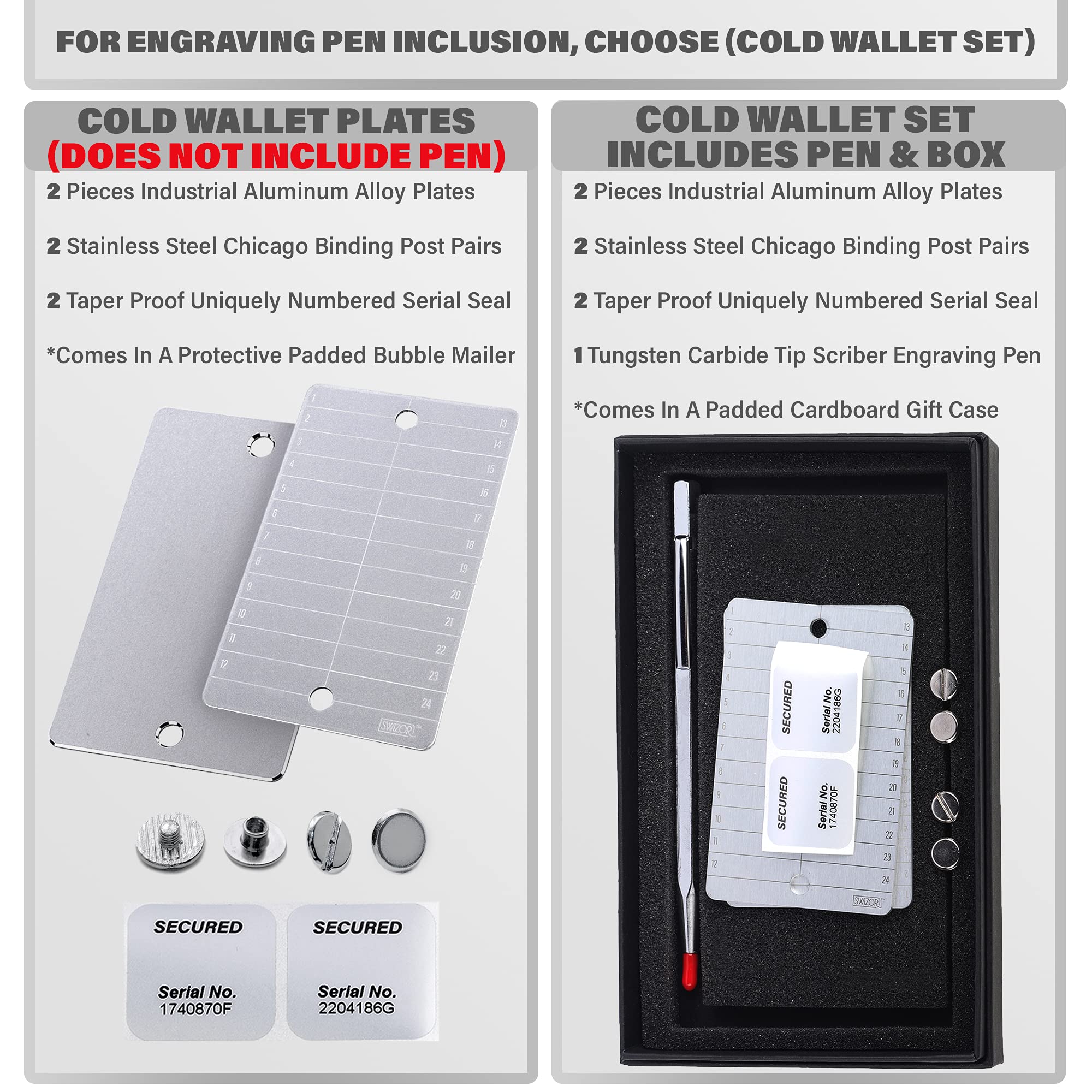 Swizor Crypto Wallet Bitcoin Wallet | Cold Wallet Crypto Nano Vault For Digital Wallet Cryptocurrency Wallet Ledger Nano X & Trezor Model T - 2 Plates Seed Storage Steel Wallet W/Engraving Pen & Seal