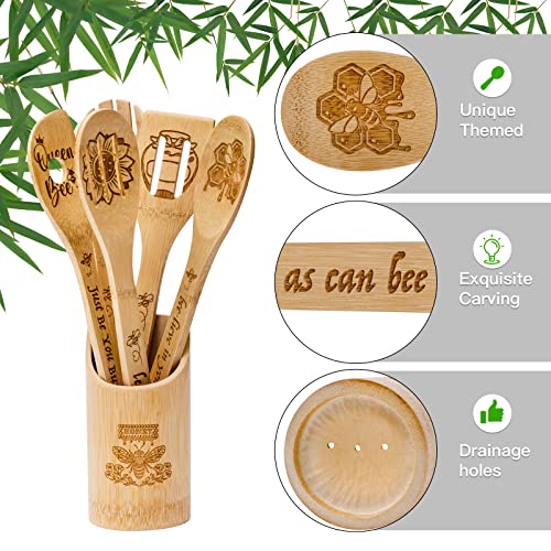 Wooden Spoons for Cooking, Funny Inspired Quotes Laser Engraved Cooking Utensils Set,Kitchen Cooking Supplies, Bamboo Spoon Slotted Kitchen Utensil Fun Gift Idea Housewarming Gift (Bees)