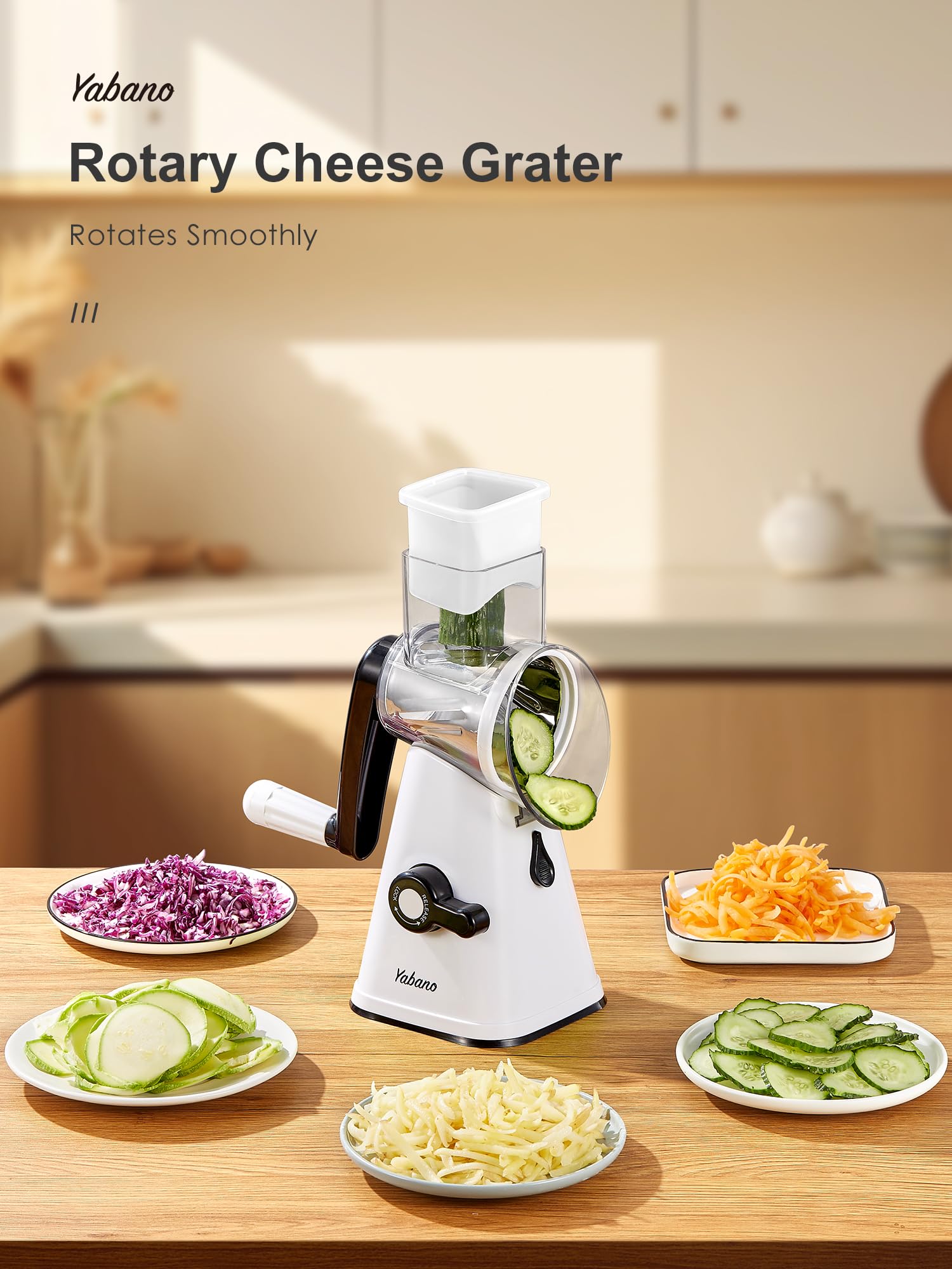 Yabano Rotary Cheese Grater Cheese Shredder with Handle, Vegetable Slicer for Kitchen, 3 Replaceable Stainless Steel Drum Blades, Easy To Use & Clean, Manual Nuts Grinder with Cleaning Brush, White
