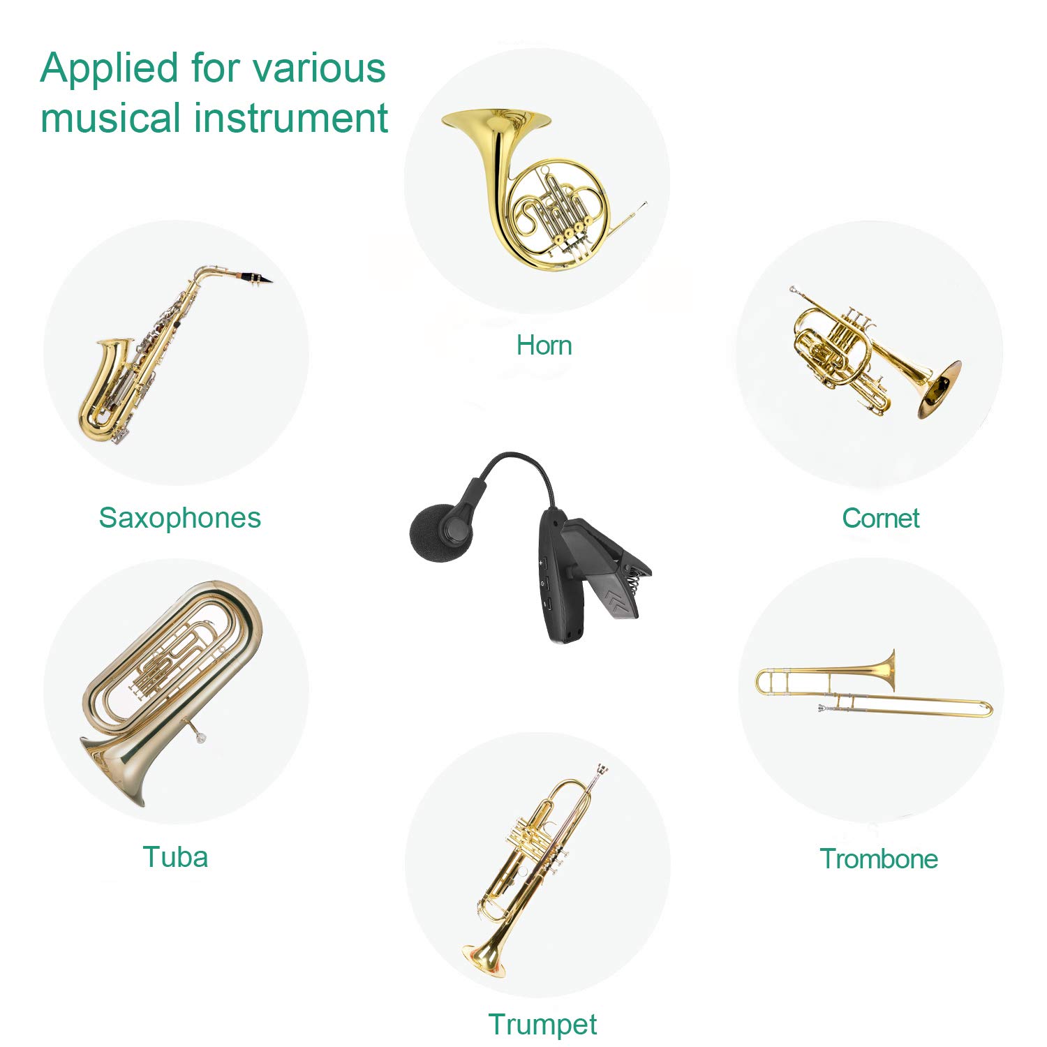 Wireless Instrument Microphone,UHF Clip Condenser Mic,for Horns,Trumpets,Clarinets, Saxophones, Cello, Computer, Phone, Speakers, Voice Amplifier 131ft Range, 1/8 and 1/4'' Port