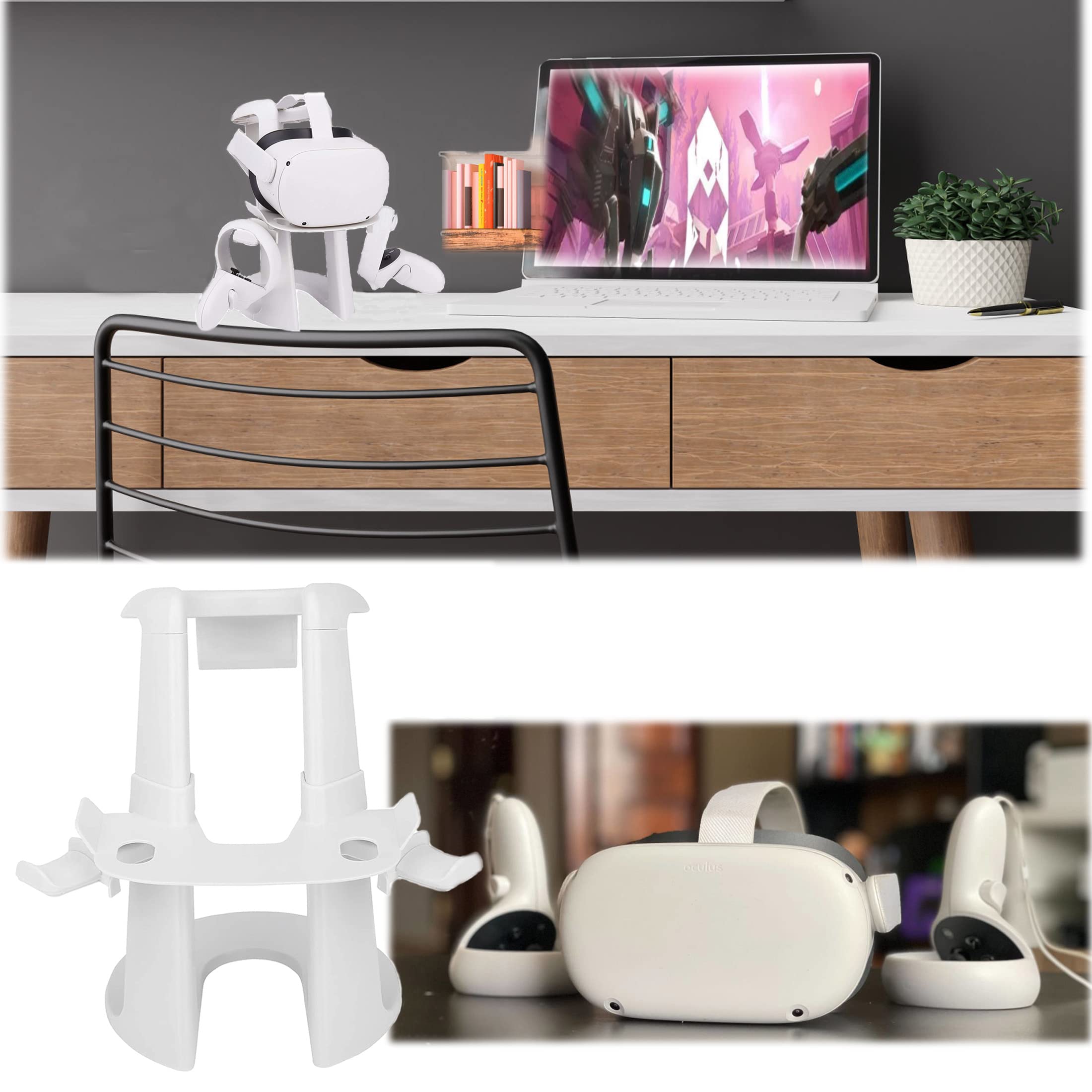 YoHuaMe IDooSo VR Stand, Headset and Controller Holder Display Station for Oculus Quest 2, Quest 1, Rift, Rift S, Valve Index, HP Reverb G2 Headset and Touch Controllers (White)