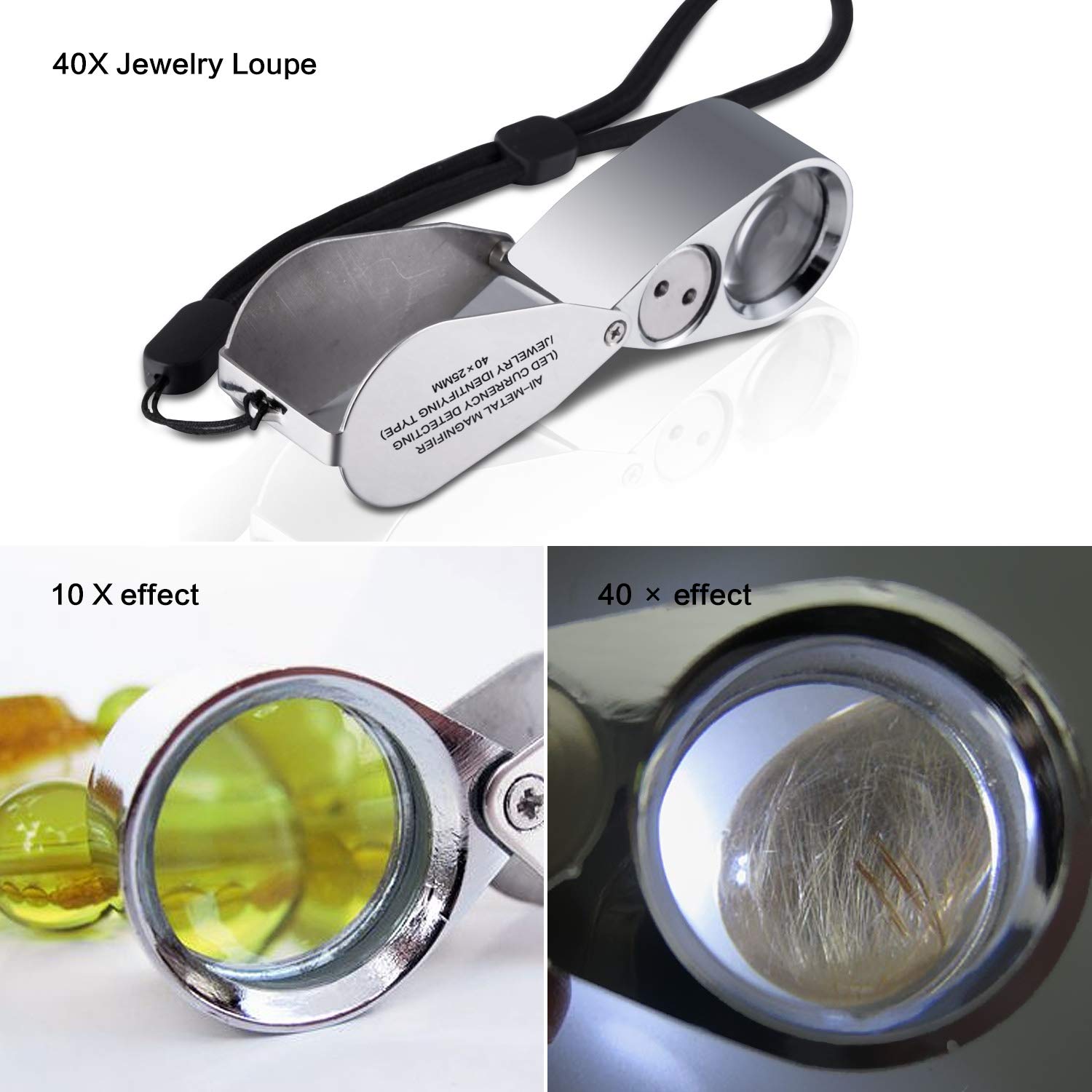 Wanapure 40× Metal Jewelry Loop Magnifier, Jewelers Eye Loupe with LED Light, Includes Drawstring Bag and Adjustable Lanyard, Pocket Illuminated Magnifying Glass for Gems, Rock Collection