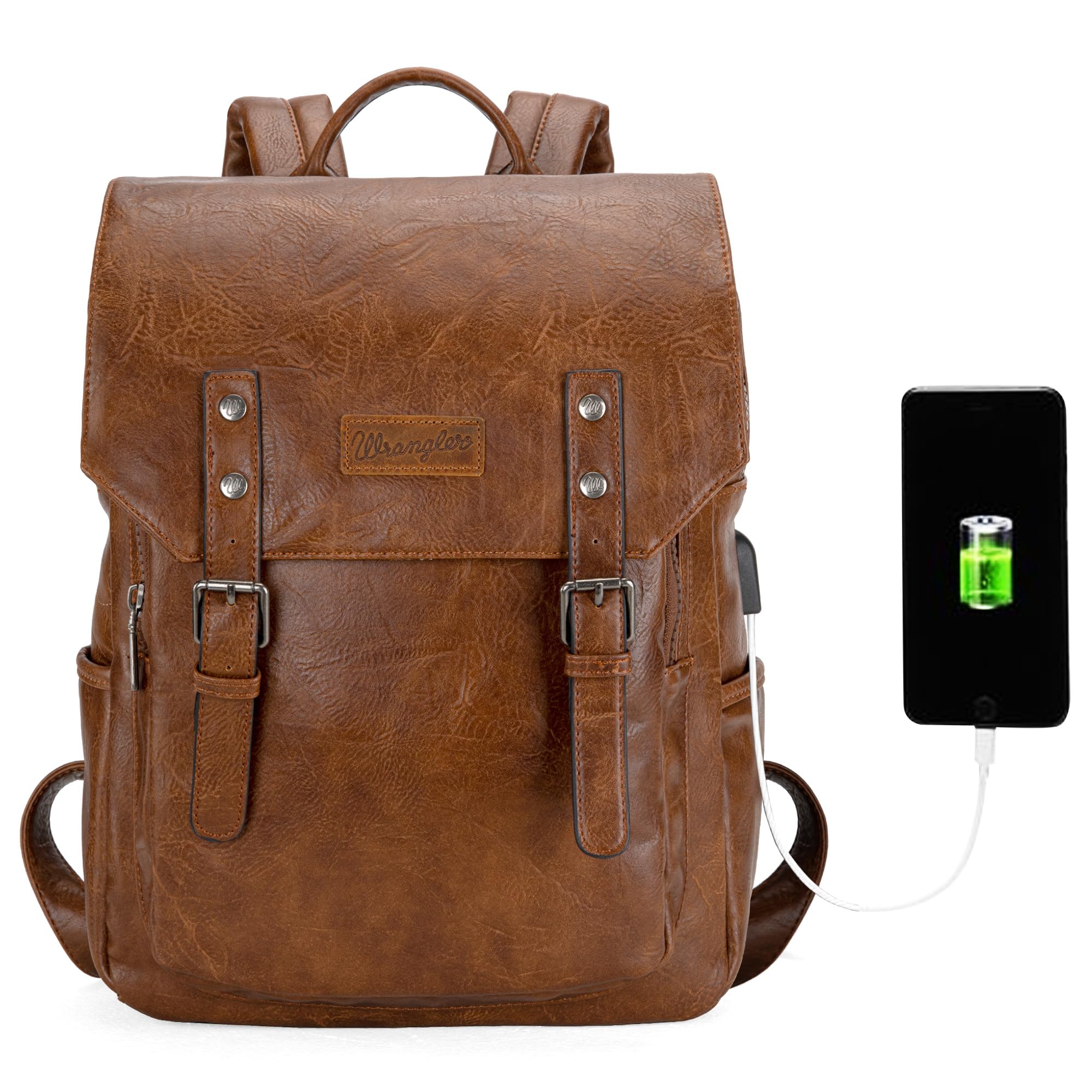 Wrangler PU Leather Backpack for Women & Men Business Travel Backpack College Vintage Laptop Brown Backpack with Charger