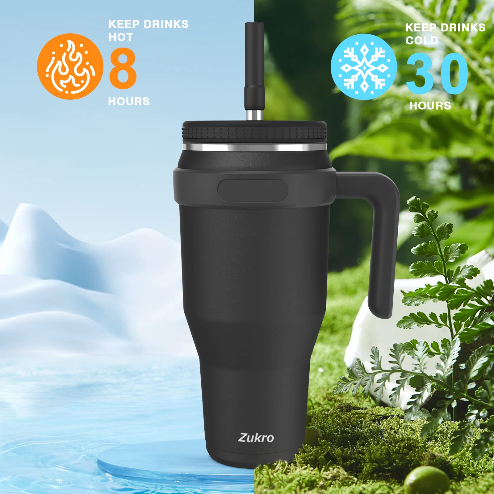 Zukro 40 oz Tumbler with Handle and Straw Lid, Leak Proof Vacuum Insulated Stainless Steel Water Bottle, Fit in Cup Holder, No Sweat, Keeps Drinks Cold 24 Hours, BPA Free, Dishwasher Safe - Black
