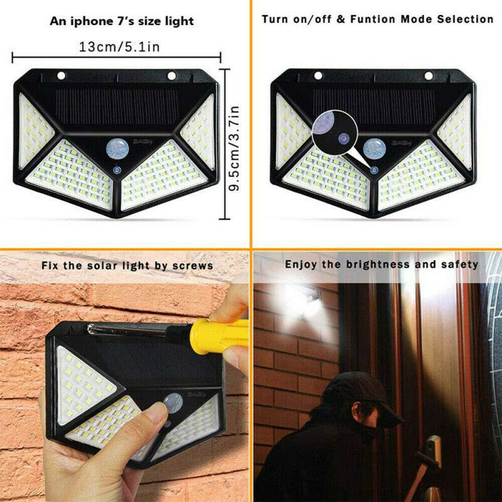 Wasatuo Solar Light Outdoor 100 LED Waterproof Security Wall Night Light with Motion Sensor 270° Wide Angle for Pathway Porch Yard Garage Garden Fence Walkway Driveway (1 Pack)