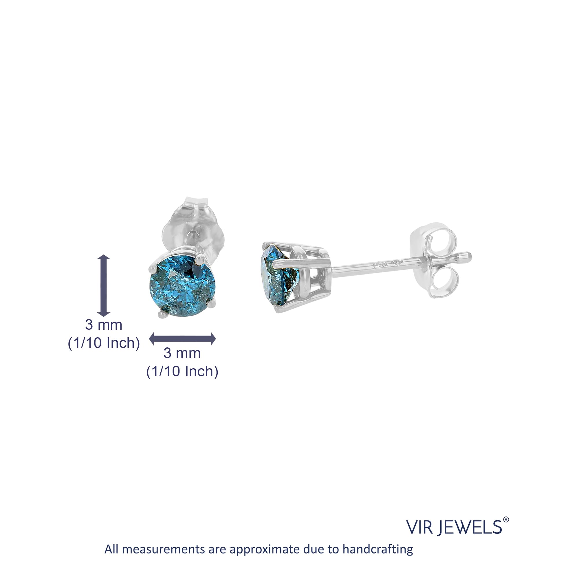 Vir Jewels 1/4 cttw Blue Diamond Stud Earrings 14k White Gold Round Shape with Push Backs