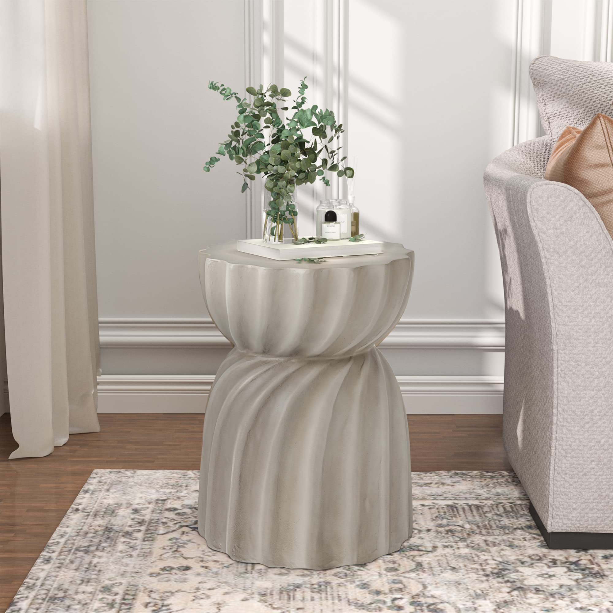 SUNBURY Concrete Side Table, Outdoor Side Table for Patio, 14" Outdoor Accent Table Patio Side Table End Table in Light Gray, Ceramic Side Table Garden Stool Log Table