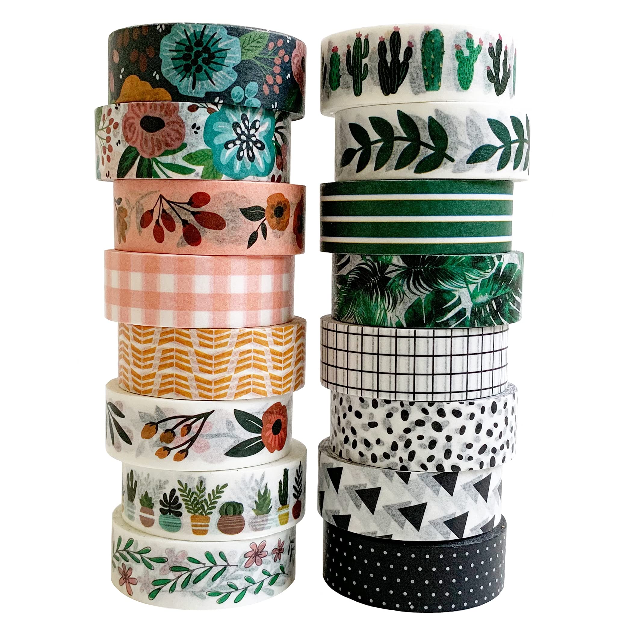 Washi Tape Set of 16 Rolls of 15 mm Wide Washy Tape Cute Decorative Tape for Journaling, Scrapbooking, Crafts, Bullet Journals, Planners, DIY Décor, Craft Supplies For Adults & Kids (Meadow)