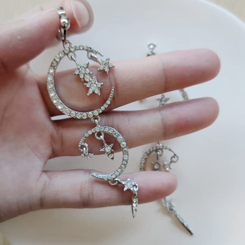 Usresu Clip on Earrings Vintage Star Moon Tassels Dangle Rhinestone Silver-tone Plated