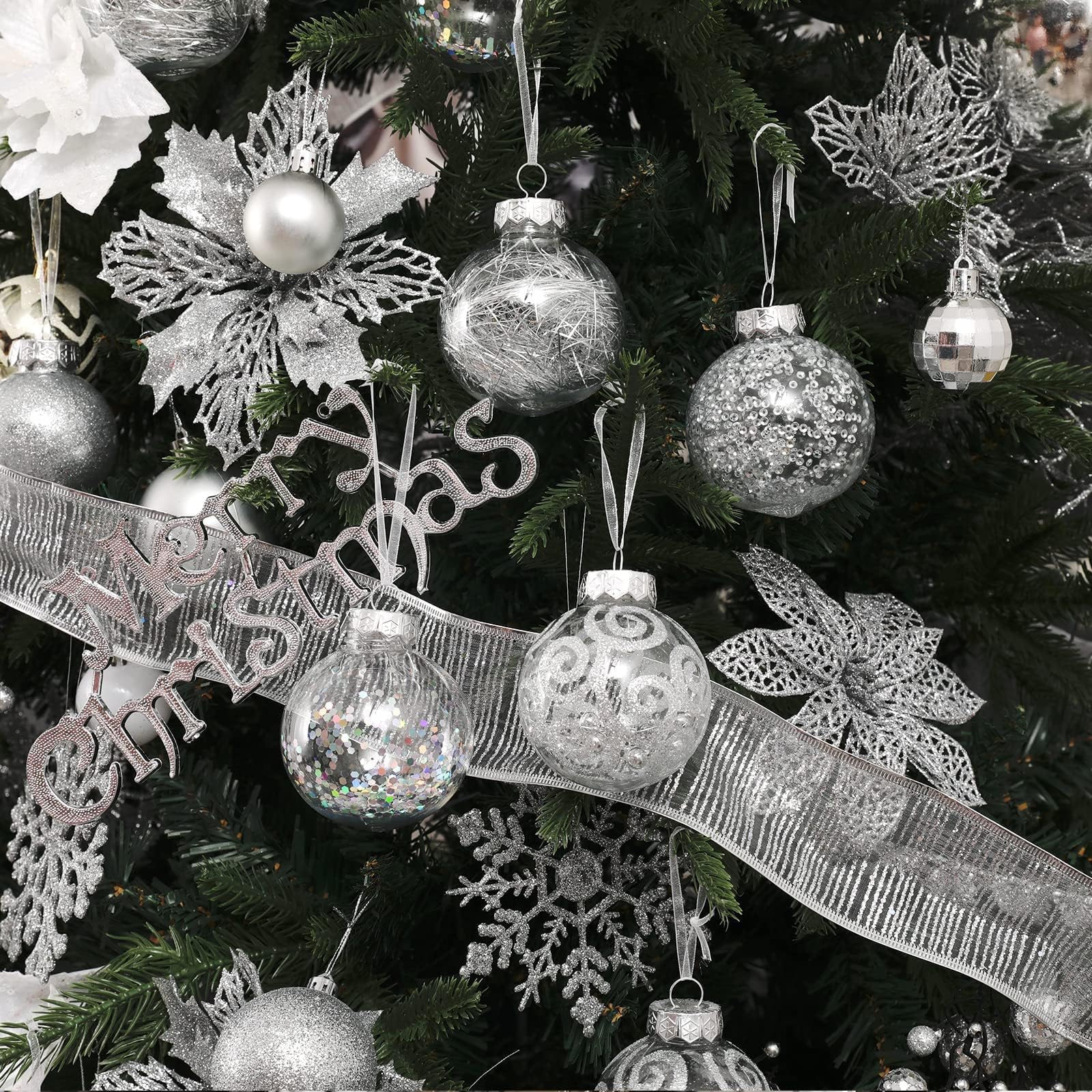 Wironlst Christmas Ball Ornaments Shatterproof Clear Large Plastic Hanging Ball Decorative Baubles Set with Stuffed Delicate Decorations (Multi-Size, Silver)