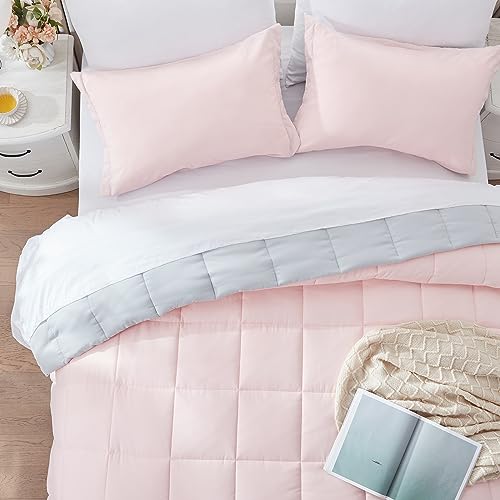 SunStyle Home Twin Comforter Set, 2-Pieces Lightweight Solid Down Alternative Comforter, Soft Reversible Bedding Set for All Seasons(Pink/Light Grey)