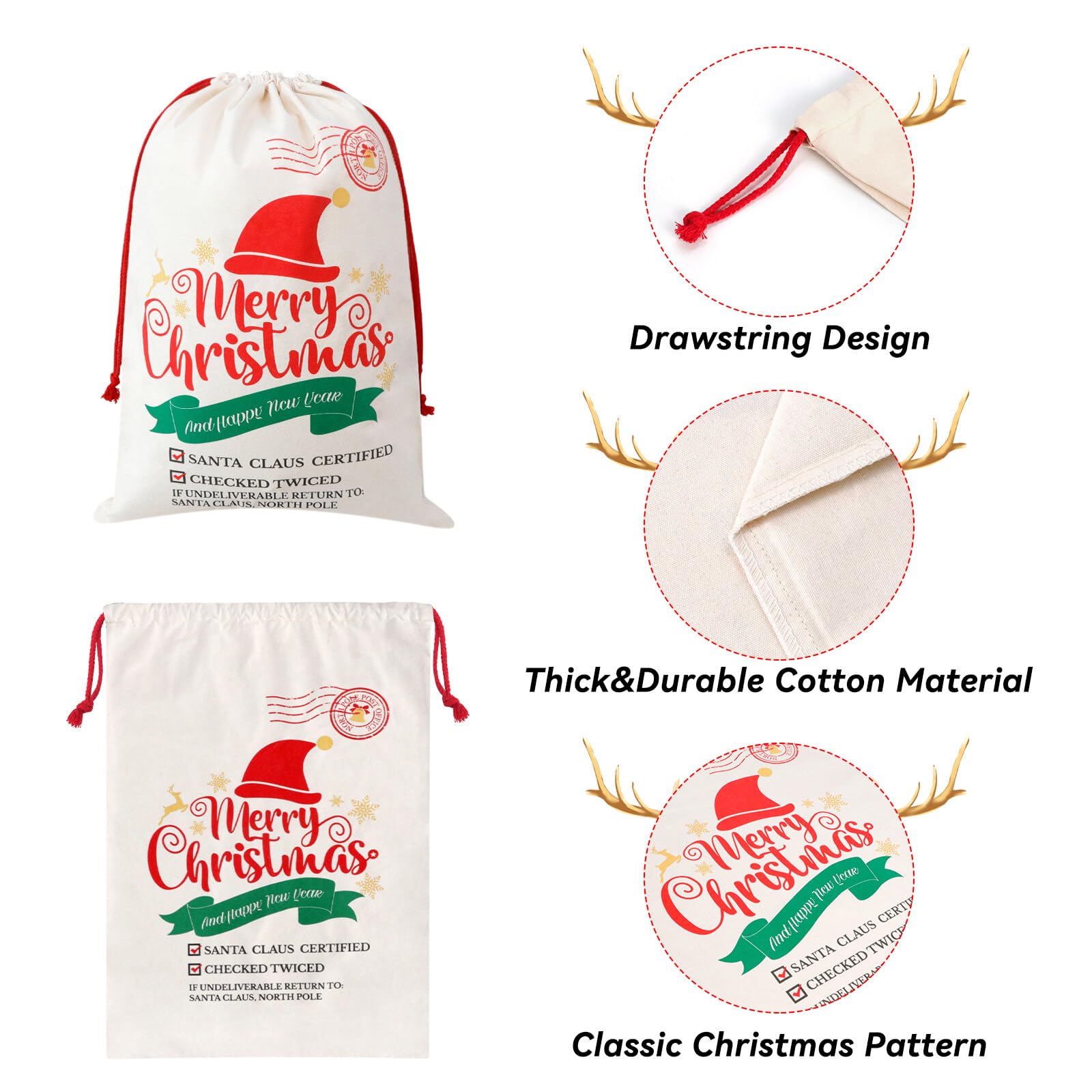 Thmyo 4 Packs Large Christmas Drawstring Gift Bags, Reusable Cloth Drawstring Wrapping Bags, DIY Cotton Santa Sack with Drawstring 27 x 19 Inch for Xmas Presents
