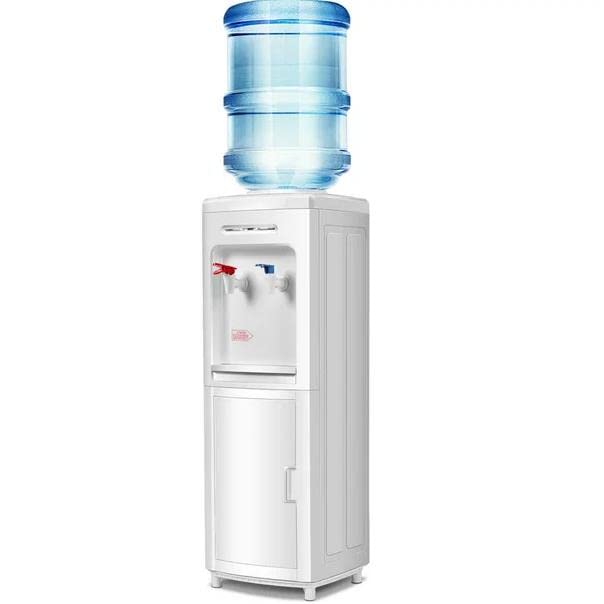Water Cooler Dispenser for 3-5 Gallon Bottle, Top Loading Hot and Cold Water Dispenser with Storage Cabinet, Child Lock, Water Cooler with Compression Refrigeration Technology, White