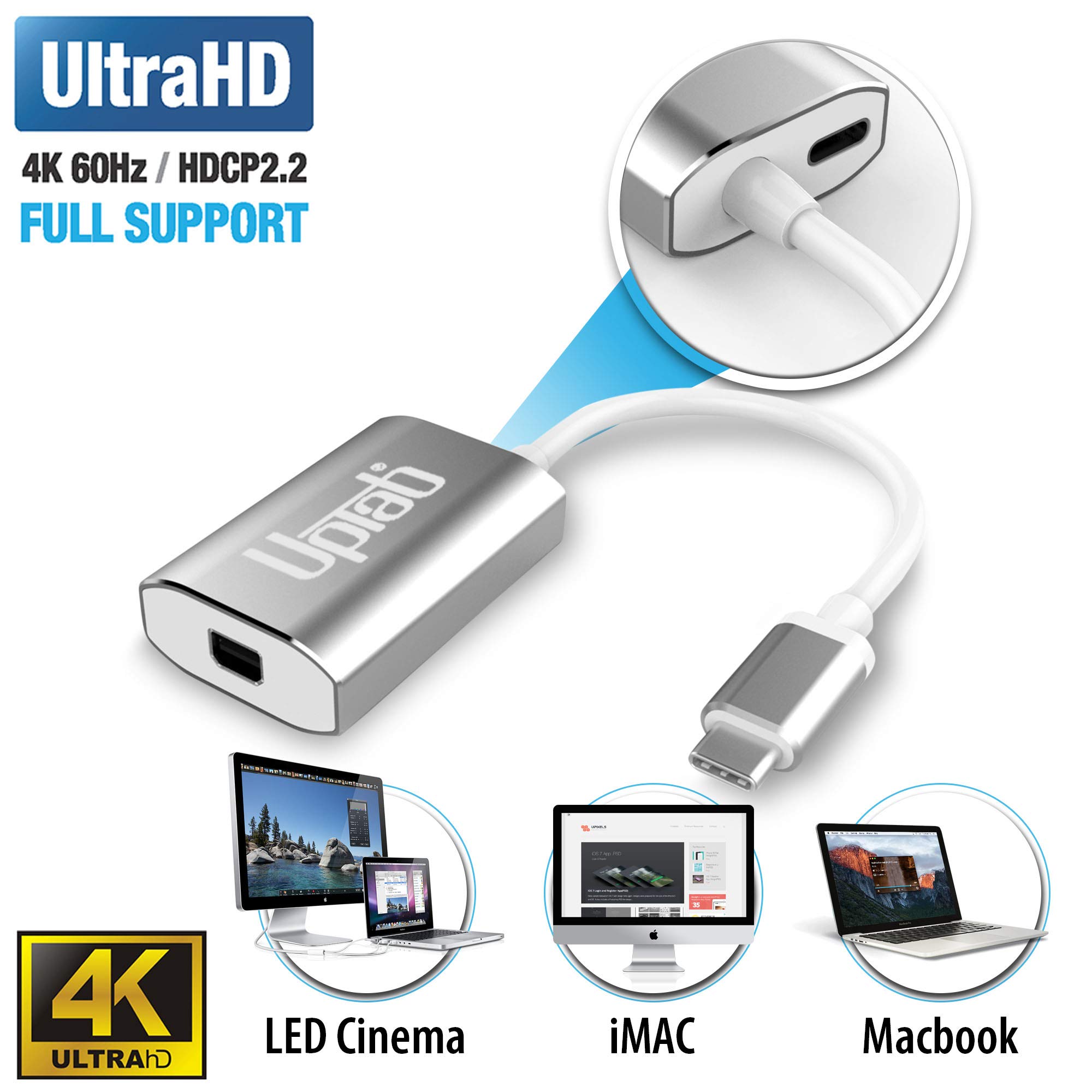 UPTab USB C to Mini DisplayPort Adapter UPTab (4K@60Hz) USB-C/Thunderbolt 3 to MDP Adapter with Power Port for New M2 MacBook Pro/Air, iPad Pro, Mac Mini M1/M2, iMac and More (Silver)