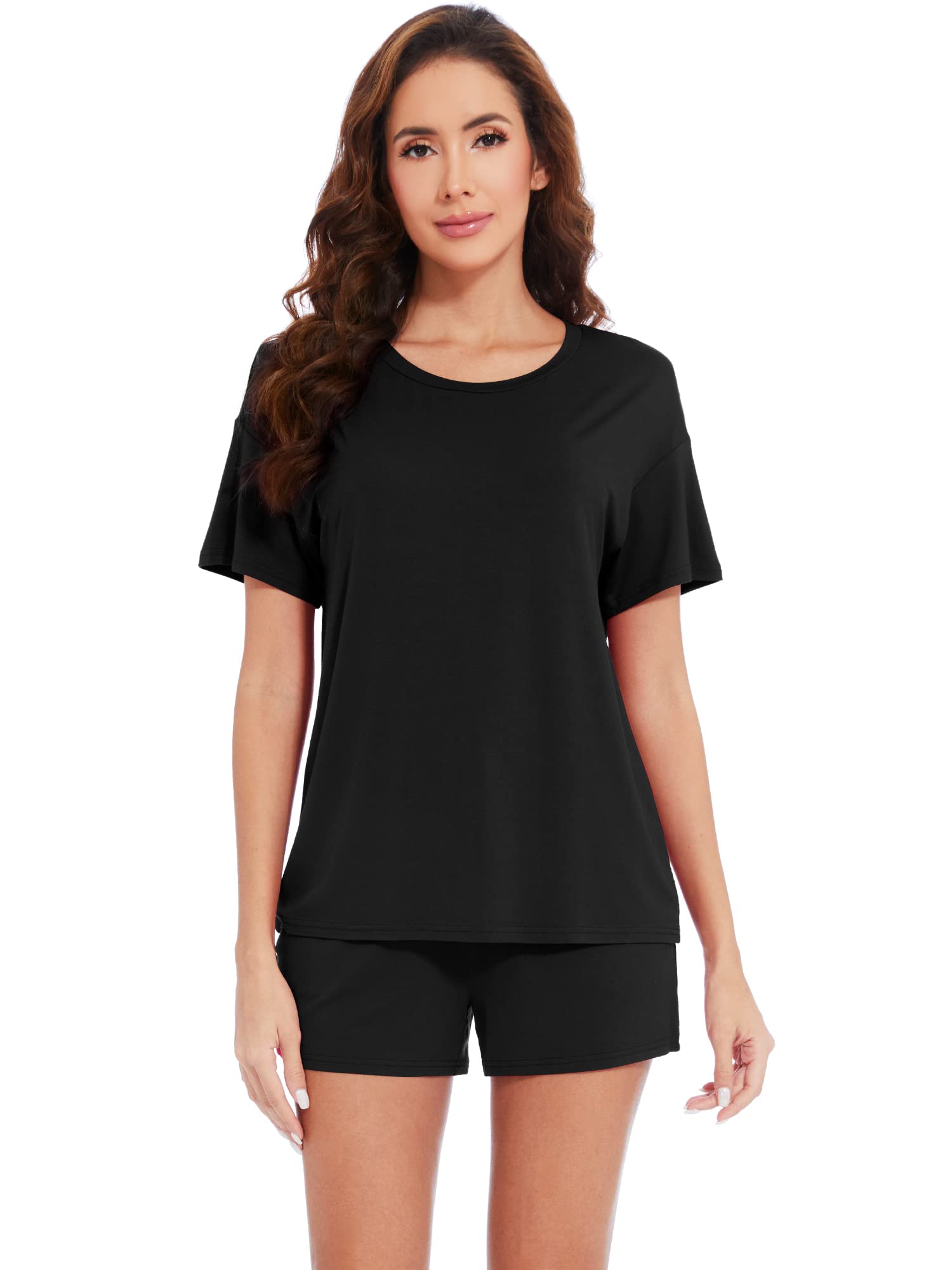 WiWi Pajamas for Women Soft Short Sleeve Sleepwear Cooling Pajama Set Shorts Pjs Loose Comfy Lounge Sets S-XXL, Black, X-Large