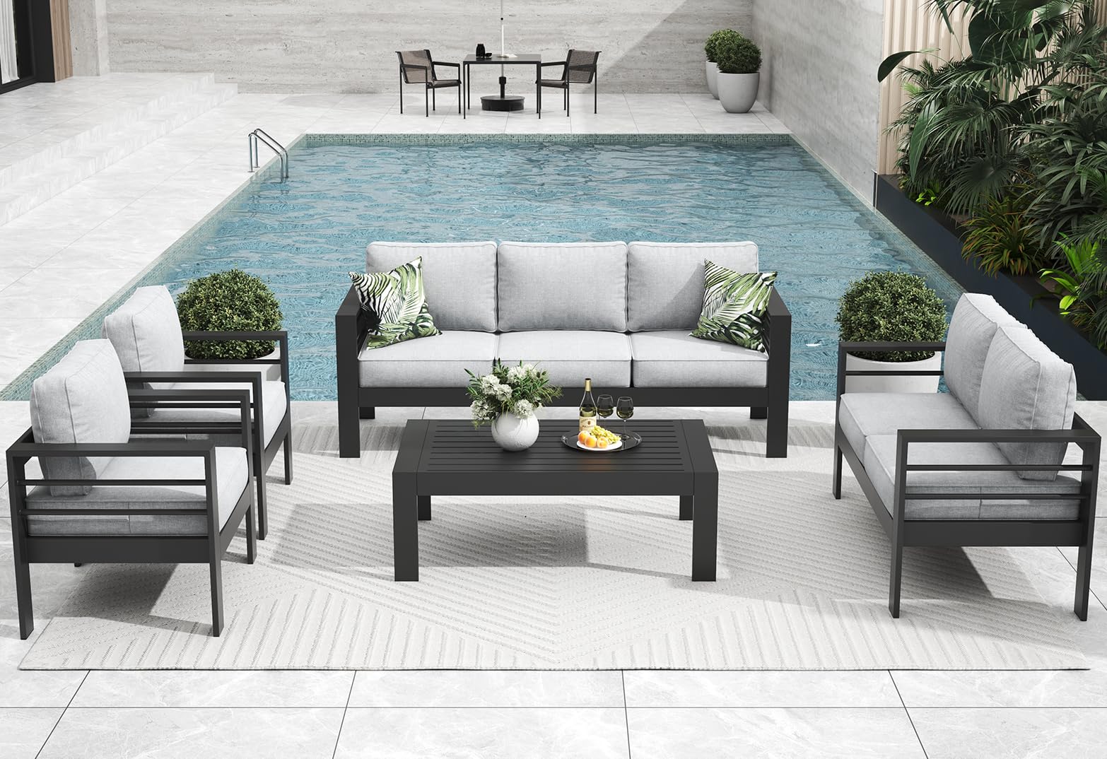 Vakollia 5 Pieces Modern Aluminum Patio Furniture Set, Outdoor Conversation Sets Metal Sectional Sofa with Coffee Table