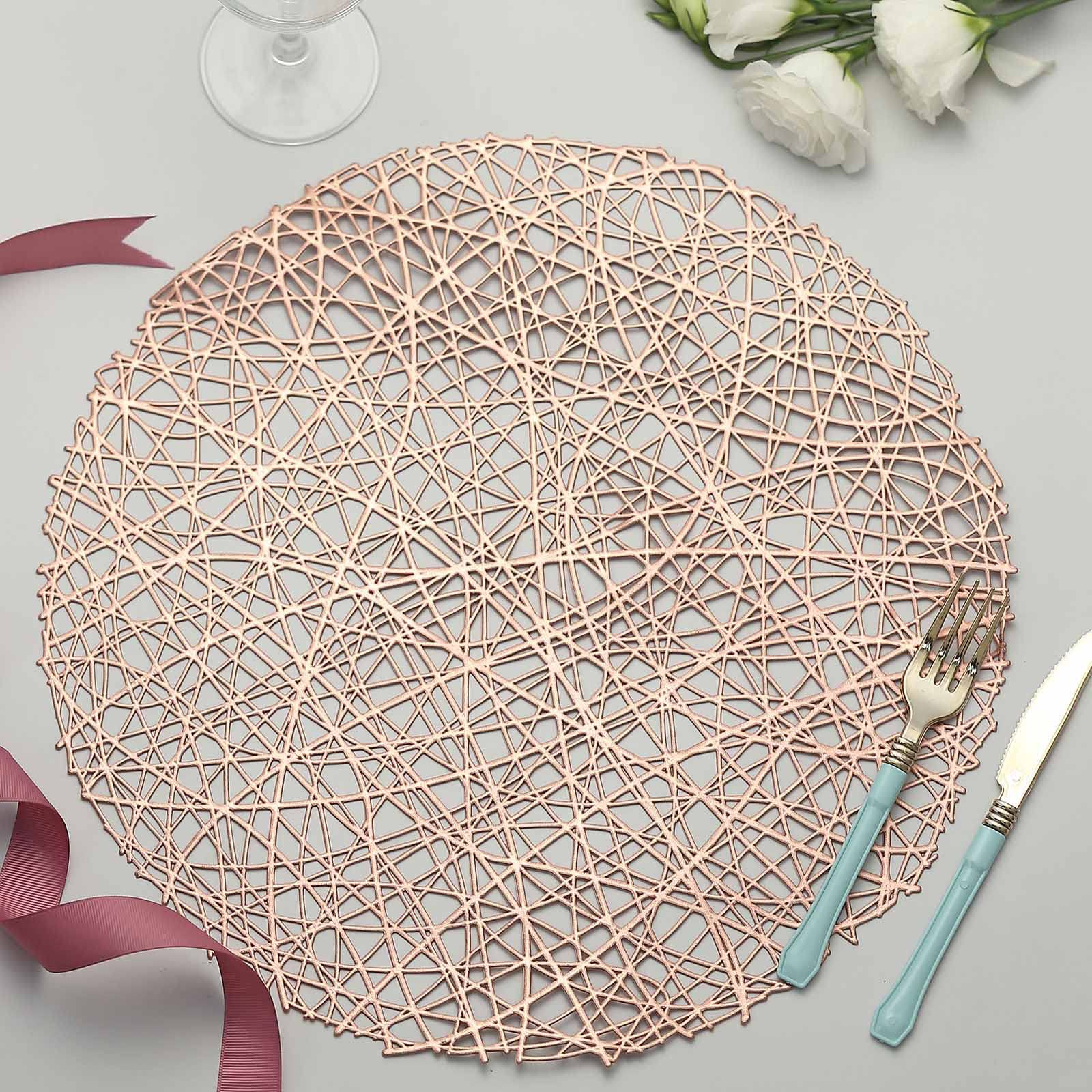 TABLECLOTHSFACTORY 6 Pack | 15" Rose Gold Round Woven Vinyl Placemats | Non Slip Dining Table Placemats for Wedding Events Birthday Party