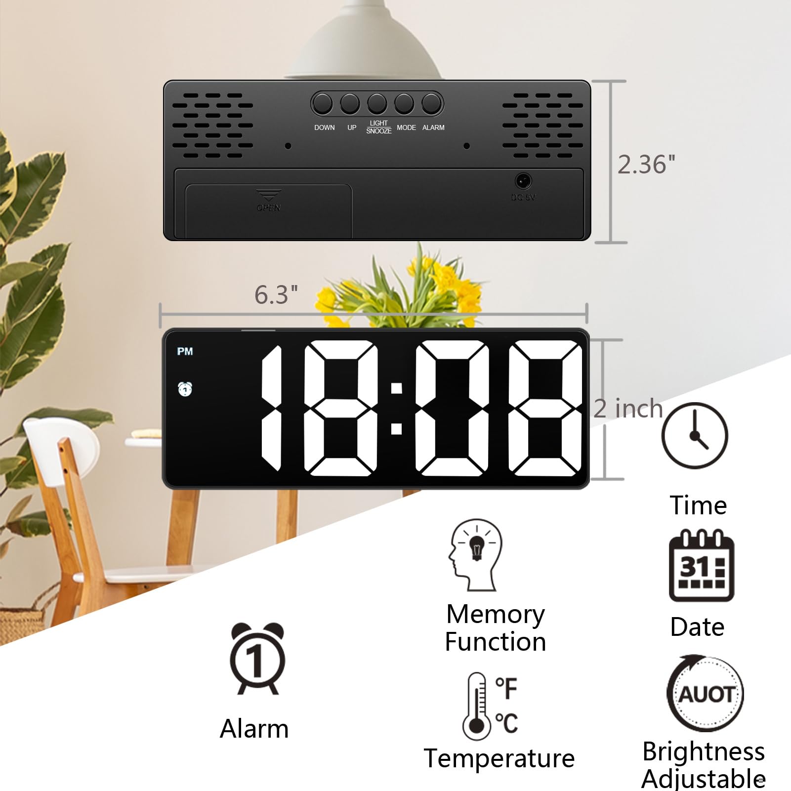 Yaboodn Digital Alarm Clock for Bedrooms, 6.5 inch LED Display with White Digits, 3 Levels Brightness Adjustable, Desk Alarm, Table Clock with 1 Alarm, 12/24H, Temperature, Corded Powered(White)