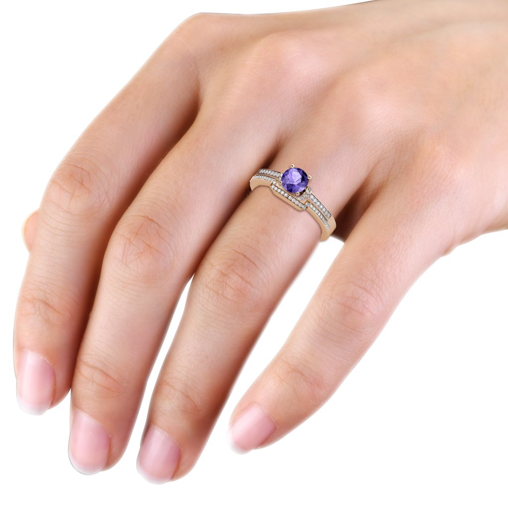 TriJewels Iolite & Natural Diamond Engagement Ring & Wedding Band Set 1.25 ctw 14K Rose Gold.size 9.0