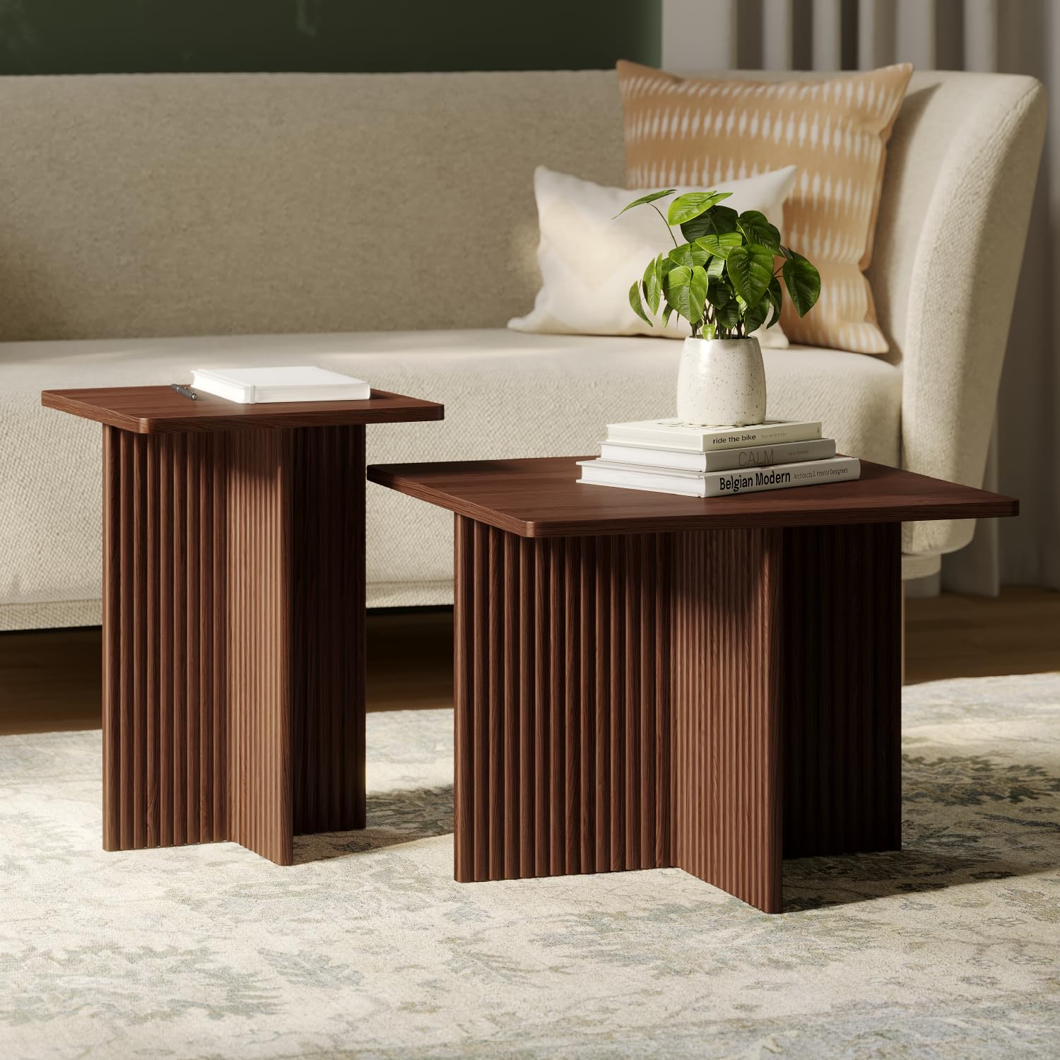 Square Fluted Nesting Coffee Table - Low Profile 2 Piece Square Coffee Table Set - Living Room Furniture - Modern Home Decor - Solid Oak Base (Walnut)