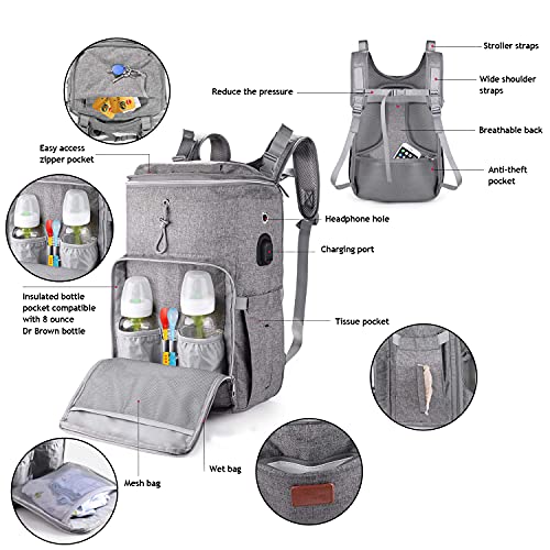 yookee home Large Diaper Bag, Backpack for Twins or Two Kids, Expandable Baby Diaper Bag for Mom Dad, Extra Large Travel Diaper Backpack with USB Charging Port, Portable Changing Pad, Stroller Straps