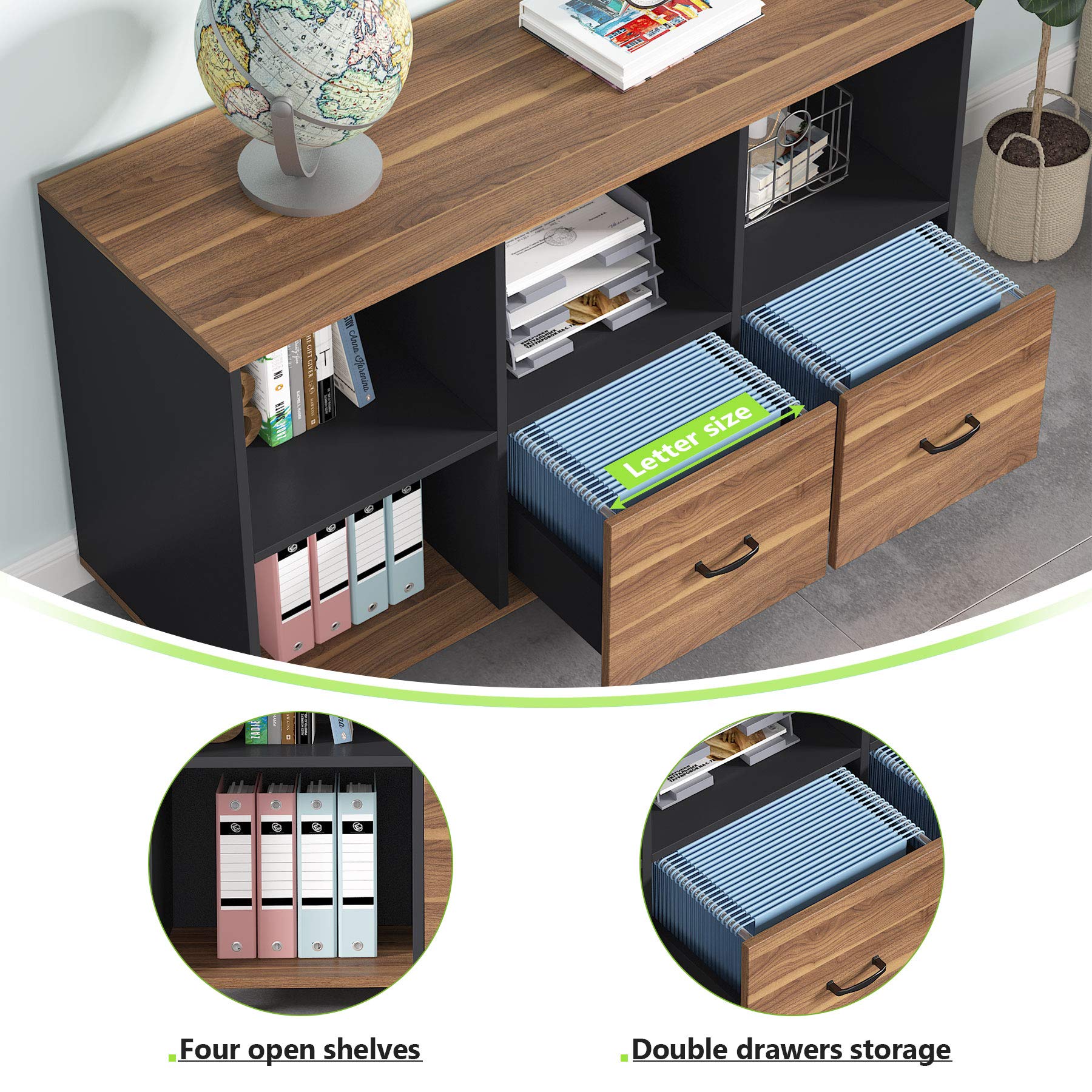 Tribesigns 2 Drawers Lateral File Cabinets, Home Office 43-inch Mobile Wood Filing Cabinet Printer Stand with Wheels and Open Storage Shelves,Drawers for Letter Size (Walnut)