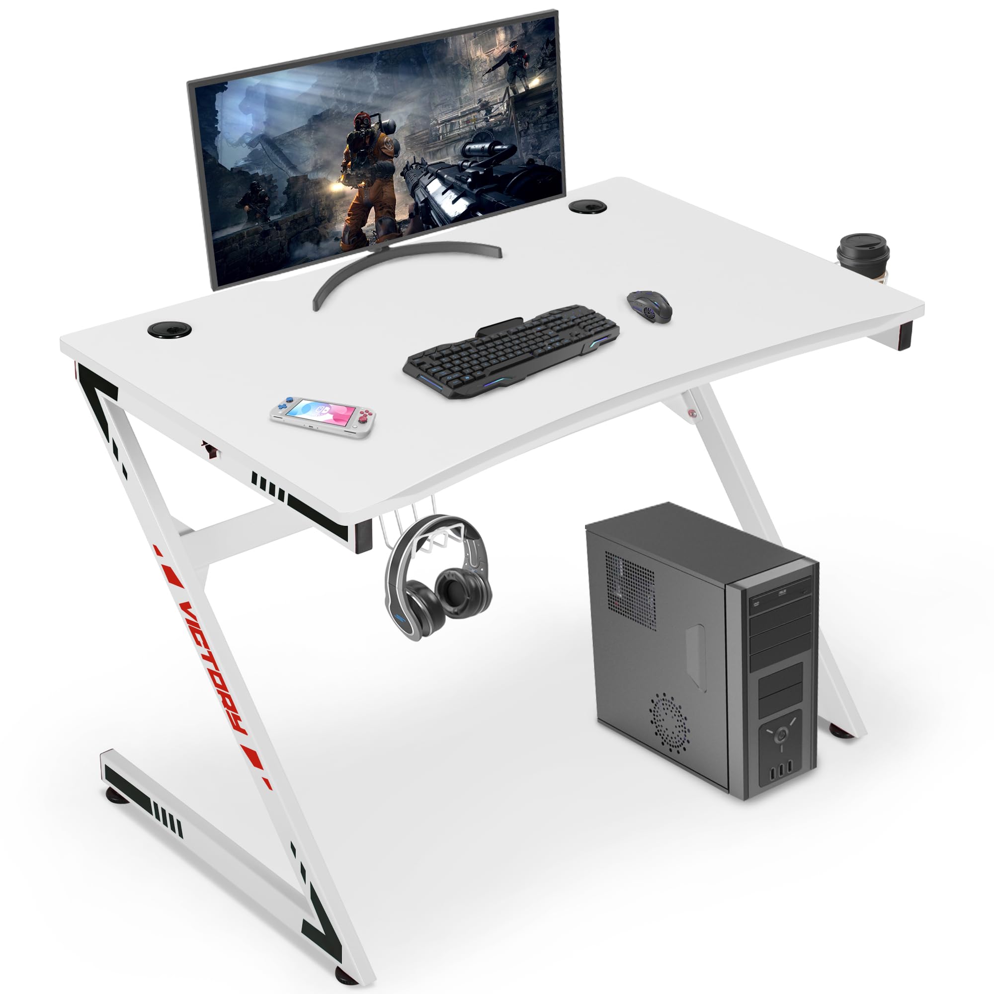 VAMEPOLE Gaming Desk, 42" Small Computer Desk with Cup Holder & Headphone Hook for Small Spaces, Home Office Desks, Small Computer Table PC Carbon Fiber Table Gamer Workstation (White)