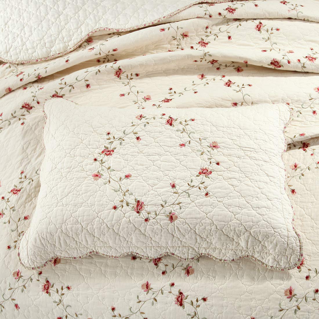 vctops 3-Piece Elegant Floral Embroidered Bedspread Coverlet Set 100% Cotton Reversible Patchwork 1 Quilt and 2 Pillow Shams Full/Queen, Flower