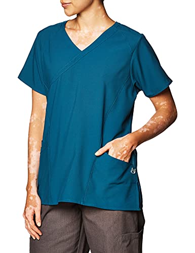 WonderWink Women's Women's Mock Wrap Top Shirt, Caribbean Blue, Small