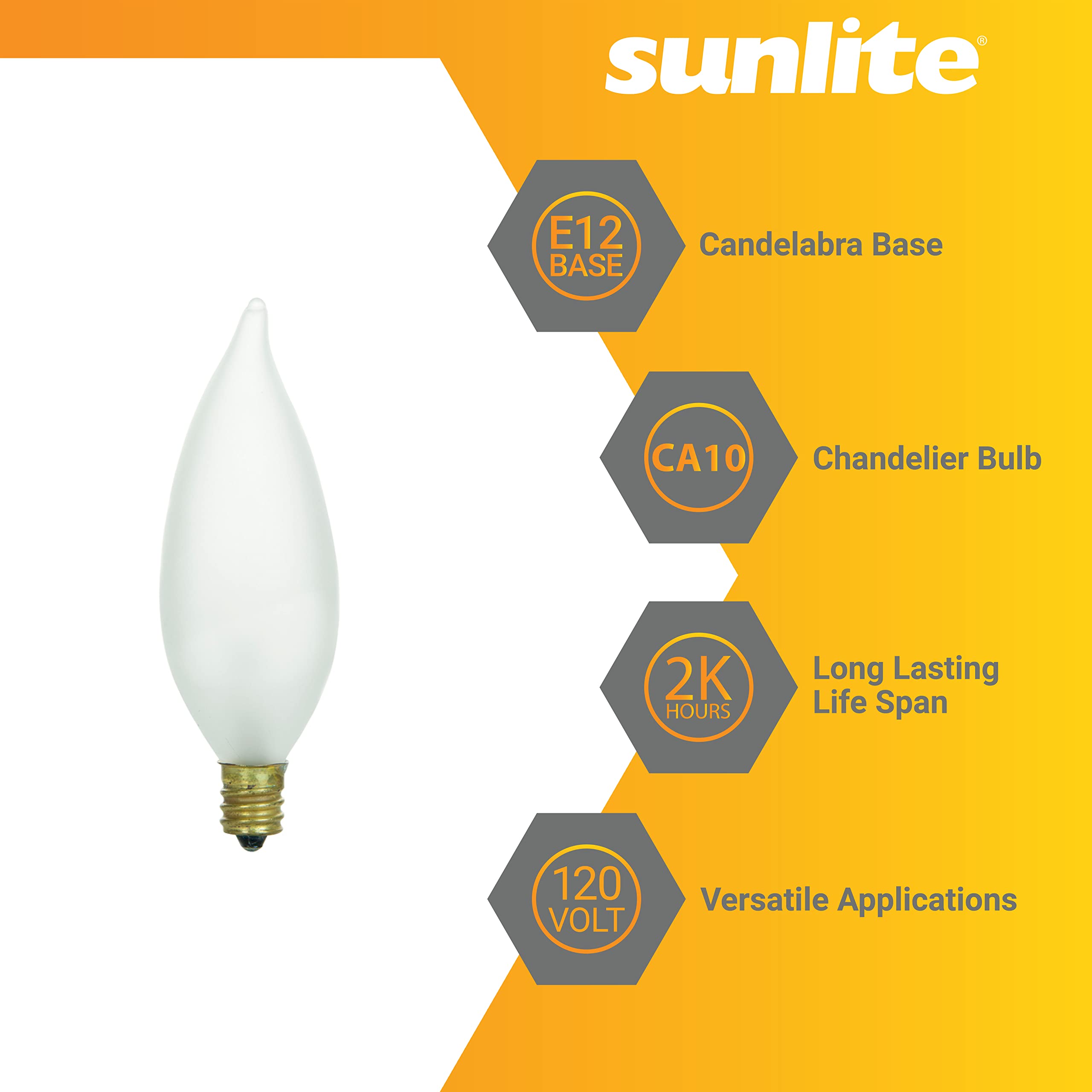 Sunlite 40035-SU Flame Tip Chandelier Light Bulbs, Frost, 60 Watts, Candelabra Base (E12), 120 Volt, Incandescent, Dimmable, 2600K Warm White, 12 Count
