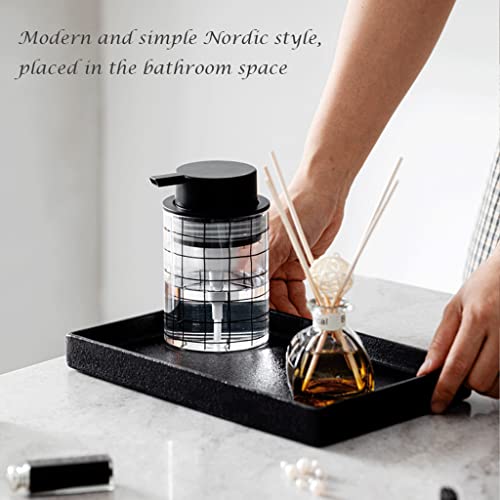 XOUVY Cute Foaming Soap Dispenser-Tray Set,Advanced Black Plaid Glass Hand Lotion Dispenser,Modern Pump Bottle for Bathroom Kitchen Home Decor ()