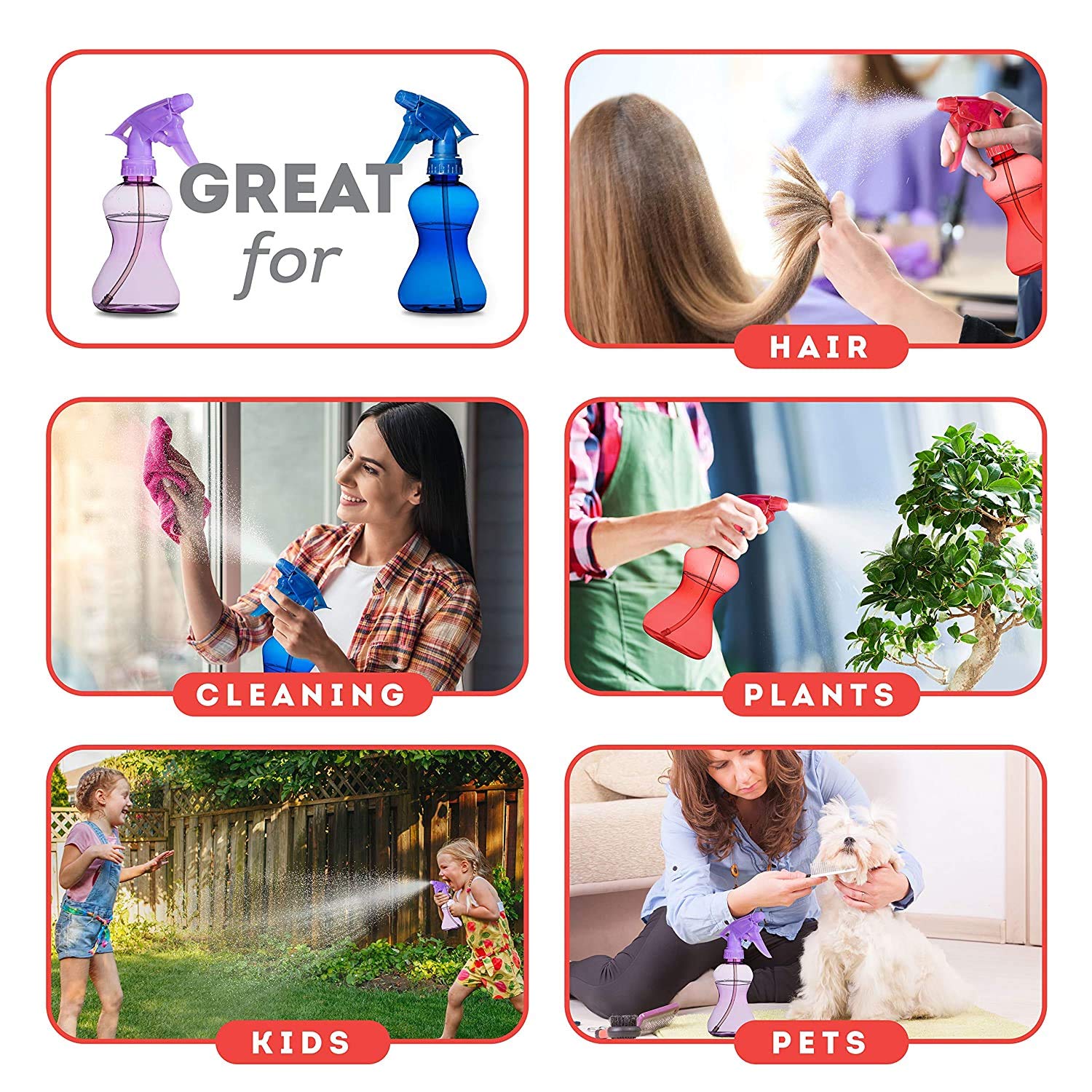 Water Spray Bottles for Hair - 10 Oz Empty Spray Bottles for Cleaning β 6 Pack Mini Squirt Bottles - Small Spray Bottles Mist Sprayer - Plastic Spray bottles for Cleaning 2 Blue, 2 Red, and 2 Purple
