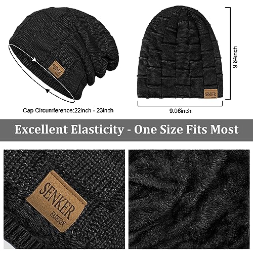 Winter Beanie Hat and Touchscreen Gloves Set for Men Women Warm Slouchy Beanie Thick Knit Gloves Fleece Lined Skull Cap, A-Black(2 Pcs)